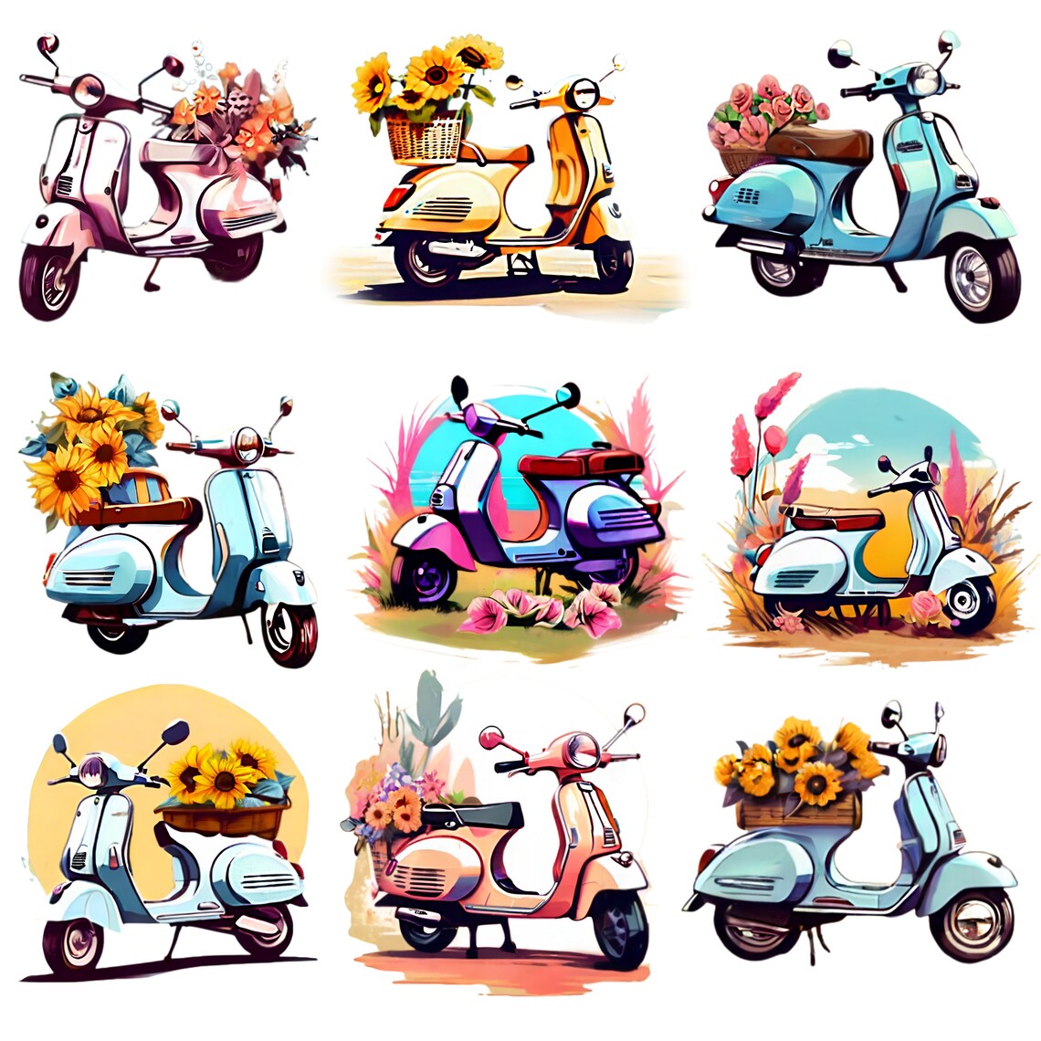 Retro Scooter Clipart PNG, Vintage Vespa Clipart Bundle , Motorcycle ...