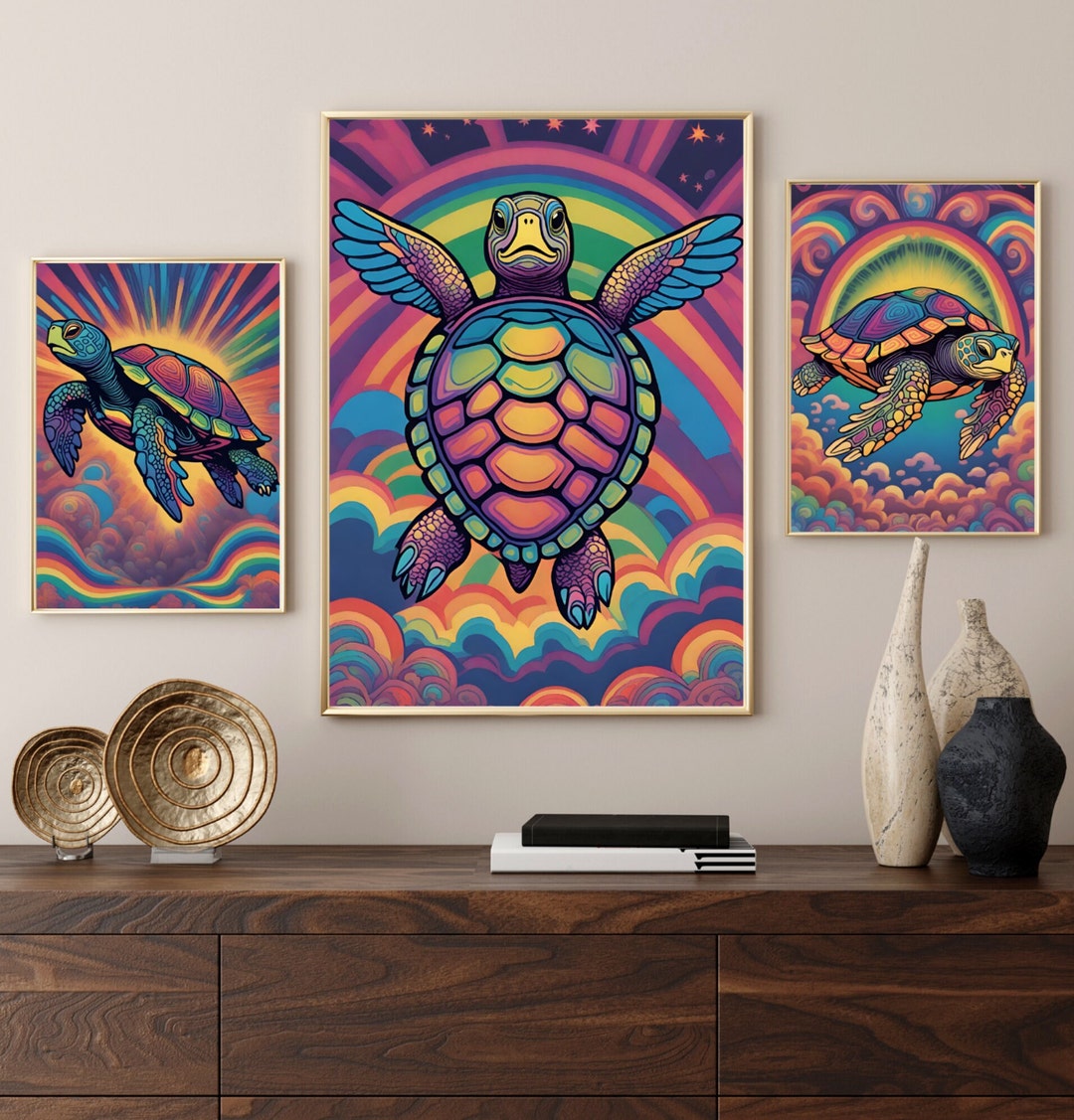 Psychedelic Trippy Wall Art Flying Turtle, Printable Indie Aesthetic ...