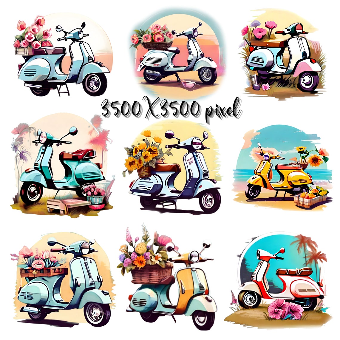Retro Scooter Clipart PNG, Vintage Vespa Clipart Bundle , Motorcycle ...