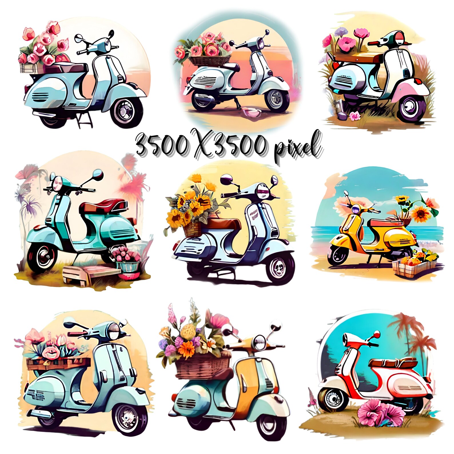 Retro Scooter Clipart PNG, Vintage Vespa Clipart Bundle , Motorcycle ...