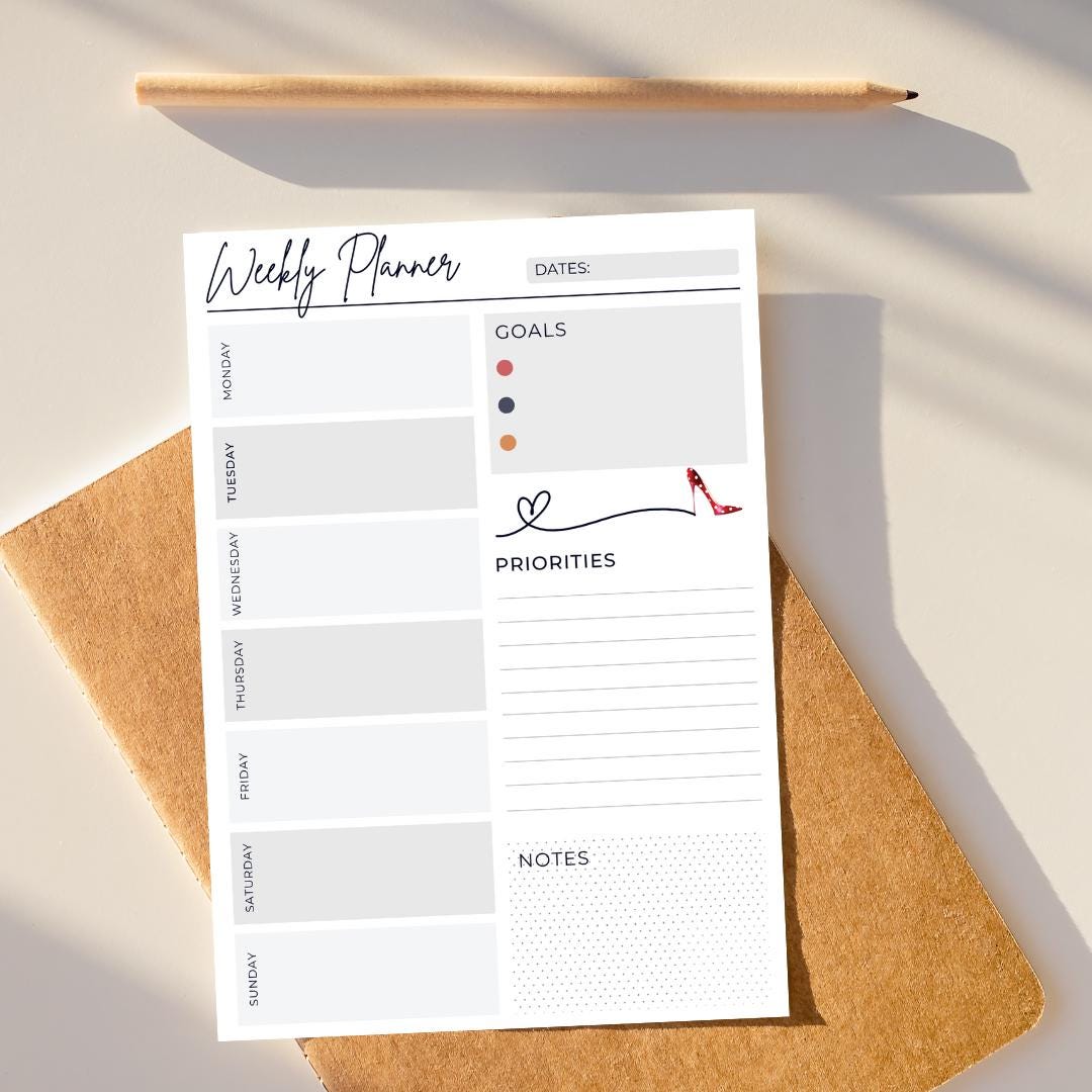 Stylish Weekly Planner Printable – A4 Size, Red Shoes Motif, Goals ...