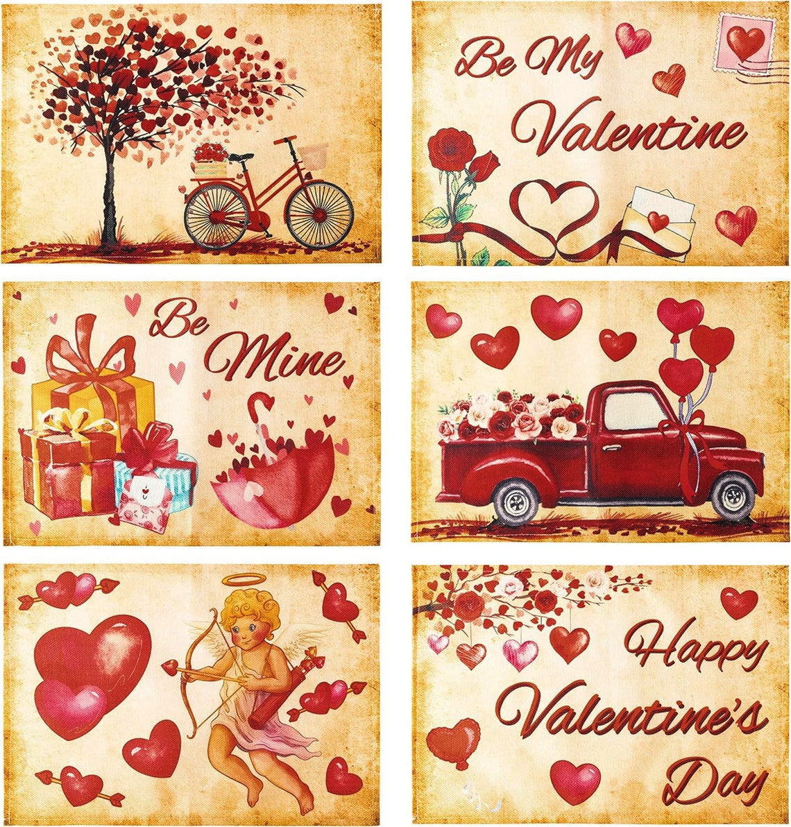 6 Pcs Vintage Valentine's Day Placemats ,watercolor Romantic Mats, Red ...