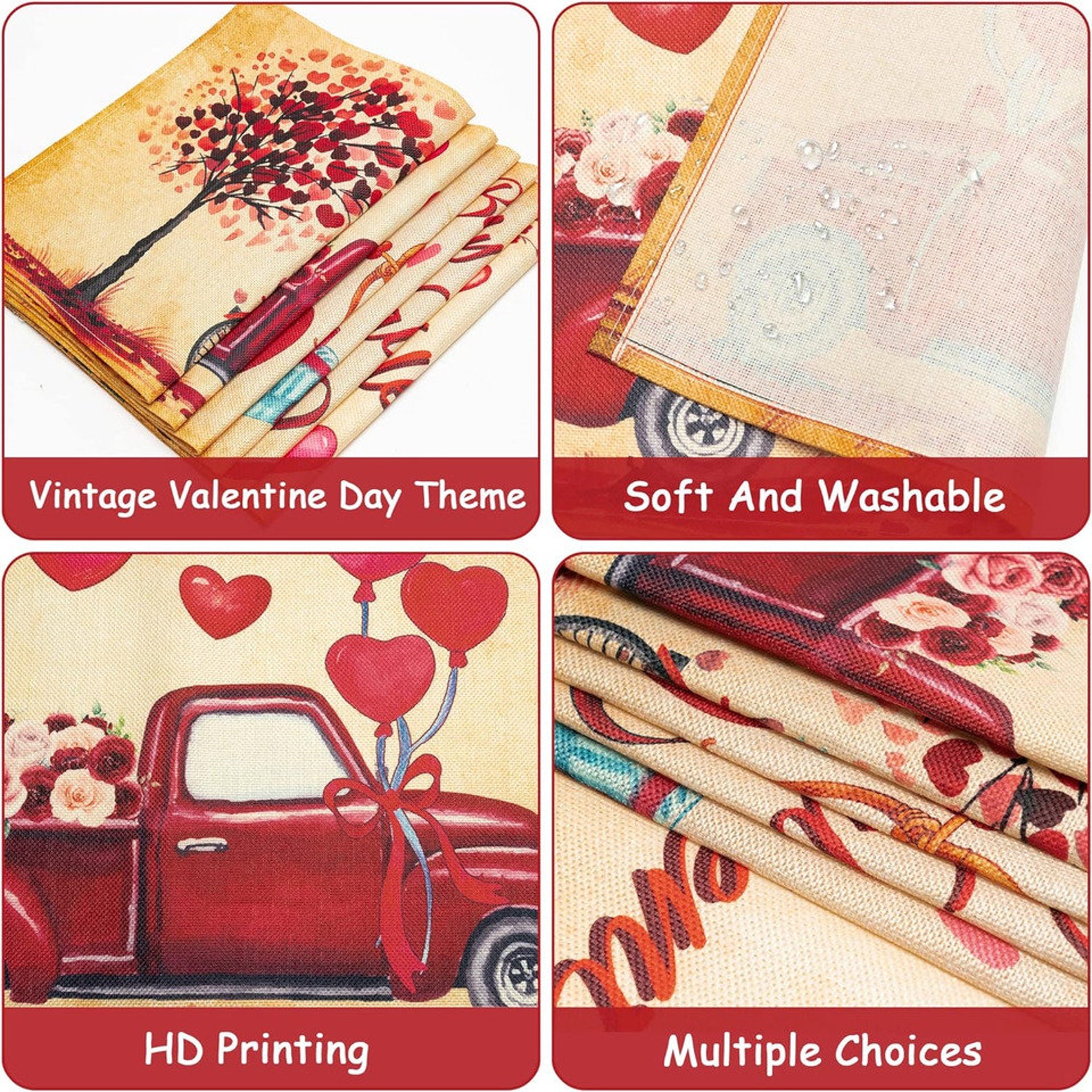 6 Pcs Vintage Valentine's Day Placemats ,watercolor Romantic Mats, Red ...