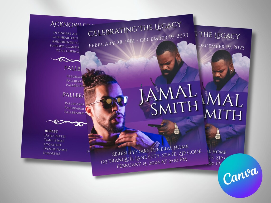 8.5x11 PURPLE FUNERAL PROGRAM, 4 Pages, Purple Clouds Memorial Program ...