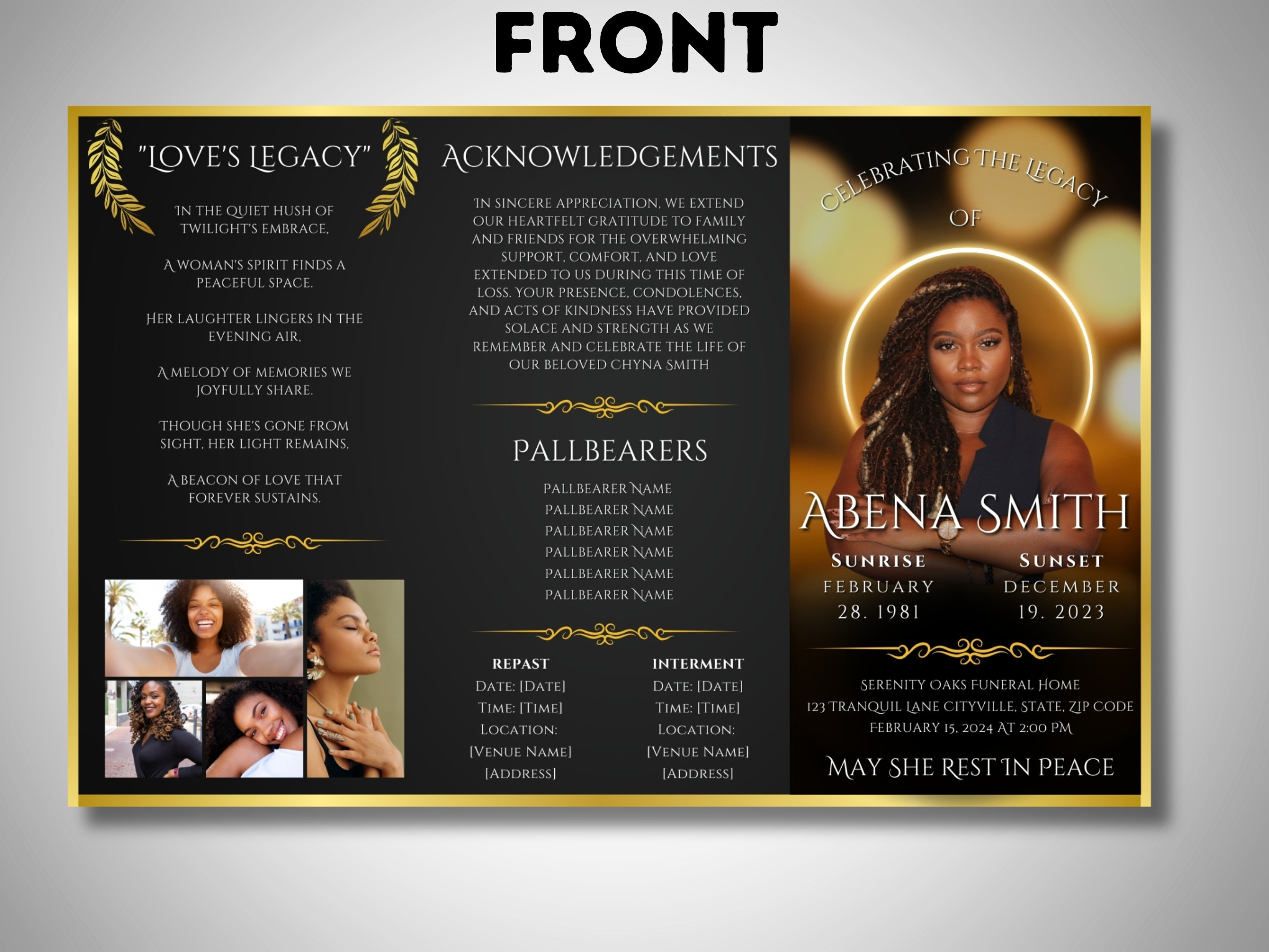 TRIFOLD OBITUARY PROGRAM, Golden Frame Funeral Template, Canva Editable ...