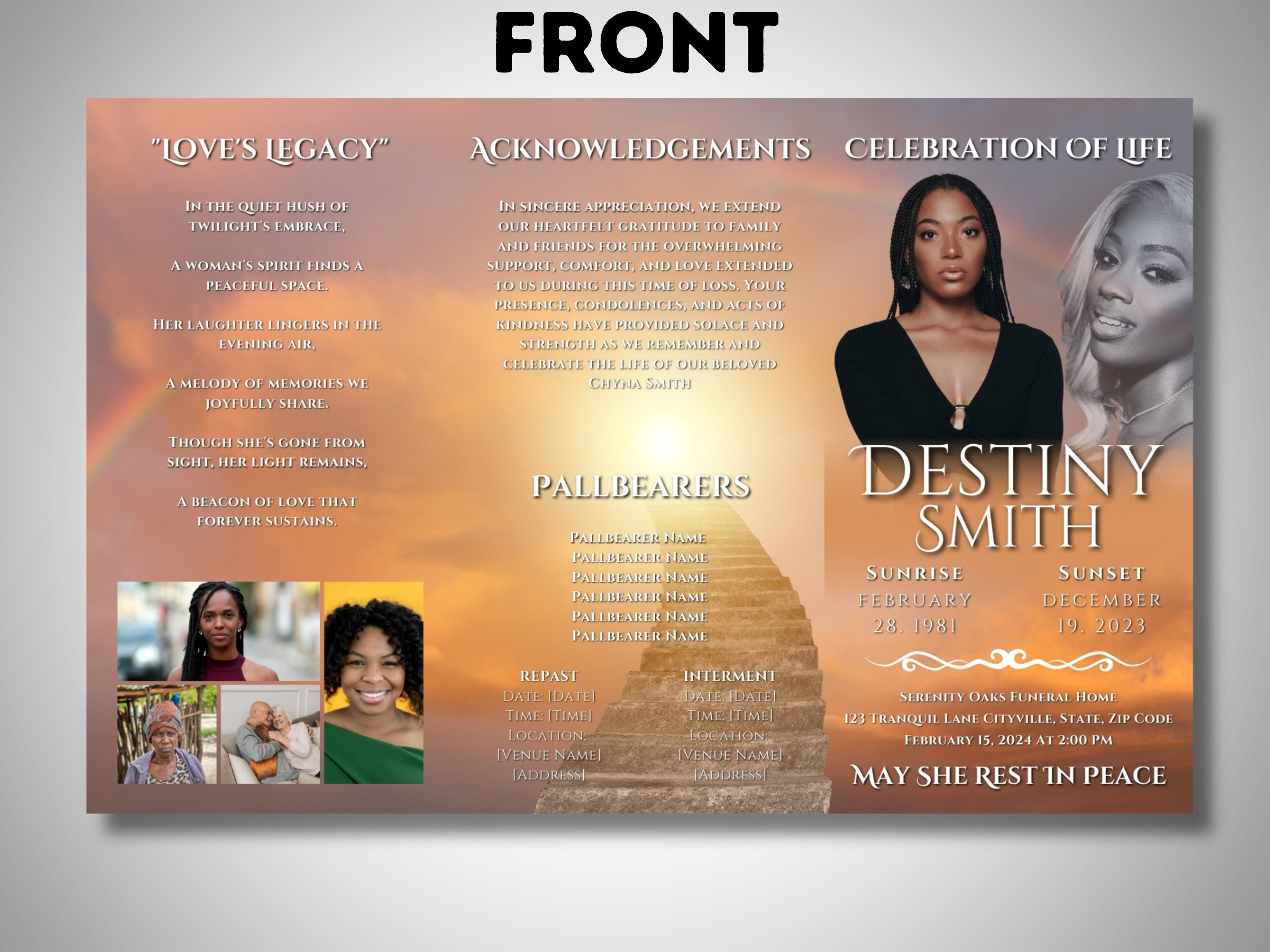 TRIFOLD FUNERAL TEMPLATE, 17x11 Brown Obituary Program, Sunset Heaven ...