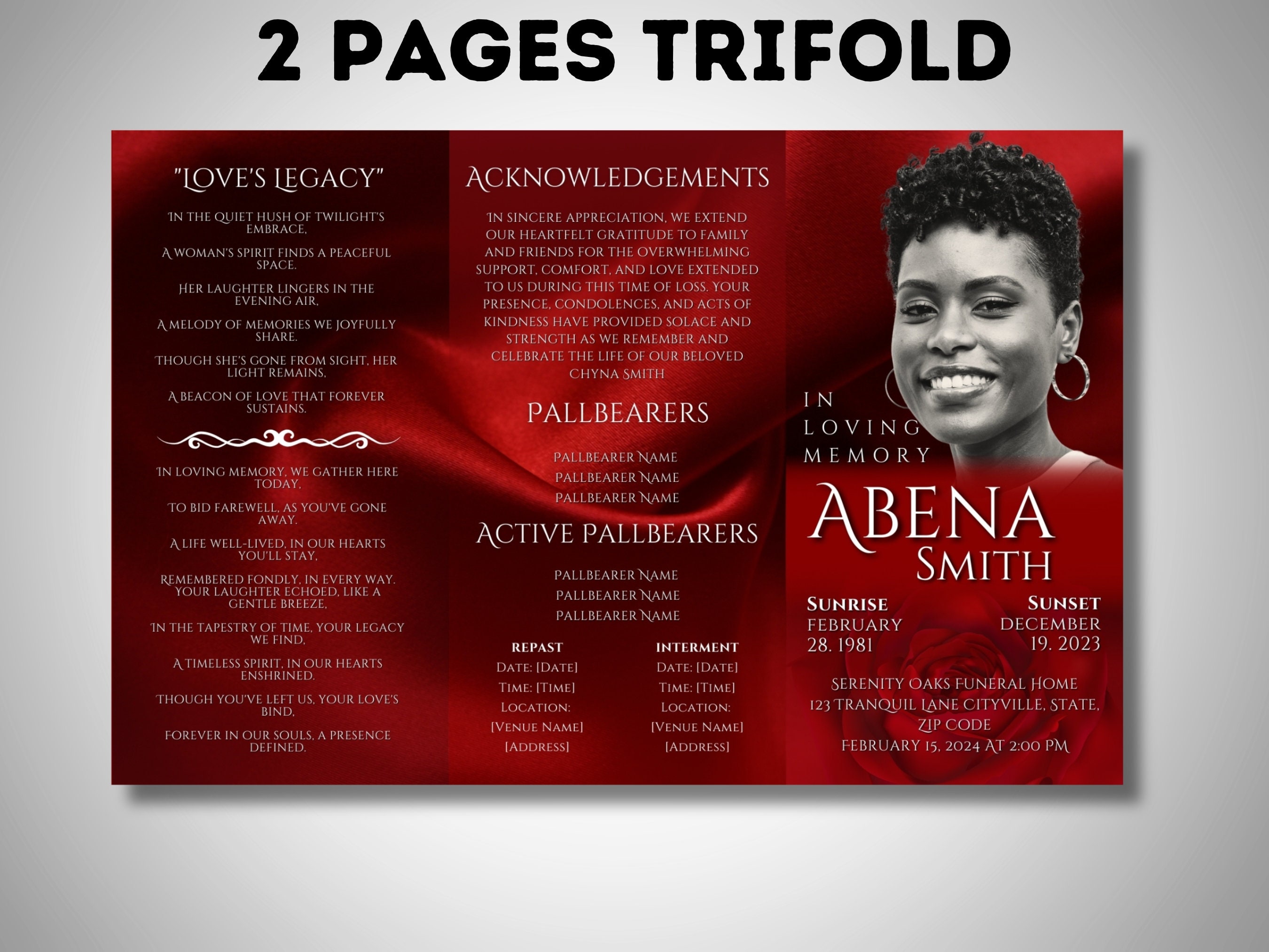 17"x11" FUNERAL PAMPHLET, 2 PAGES, Trifold, Obituary Program, Rubin Red ...