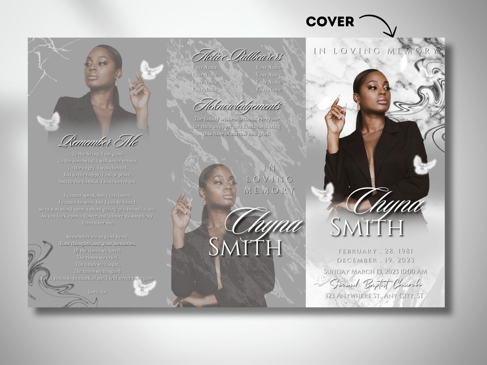 17"x11" FUNERAL PAMPHLET, 2 PAGES, Trifold, Obituary Program, White ...