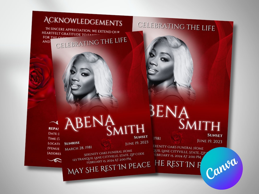 5.5x8.5" RED VELVET OBITUARY Program, 8 Pages, Crimson Funeral Template ...