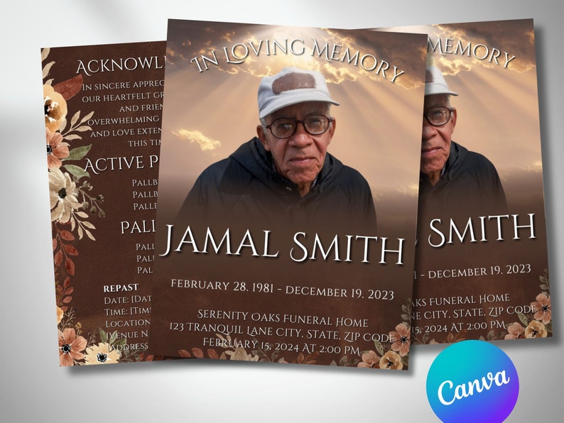 Heaven Memorial Funeral Program Template, Brown Elegant Obituary (canva ...