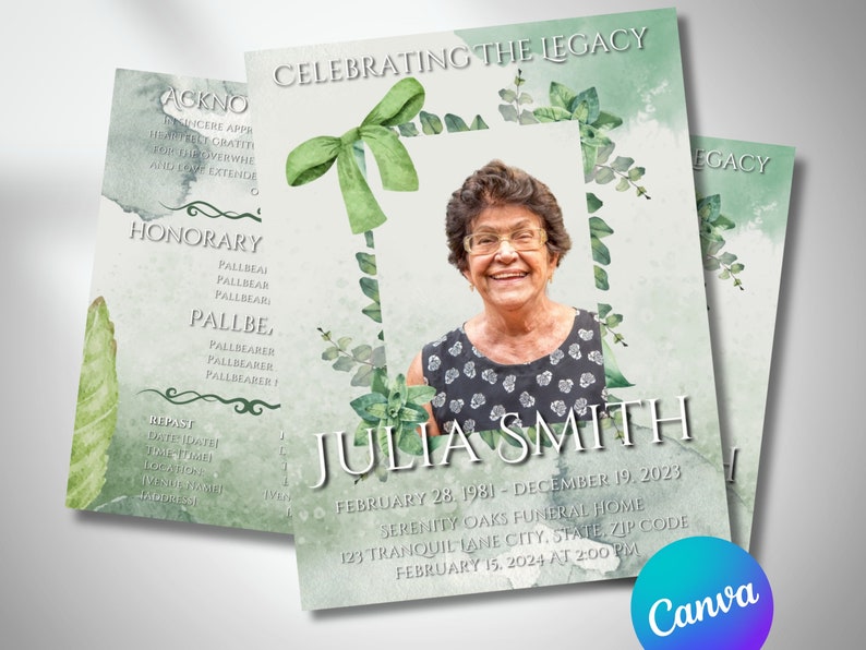 Green Watercolor Funeral Program Template, Celebration of Life (canva ...