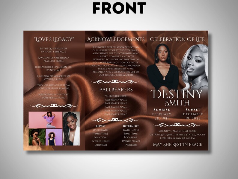TRIFOLD FUNERAL TEMPLATE, 17x11 Brown Obituary Program, Brown Silk ...