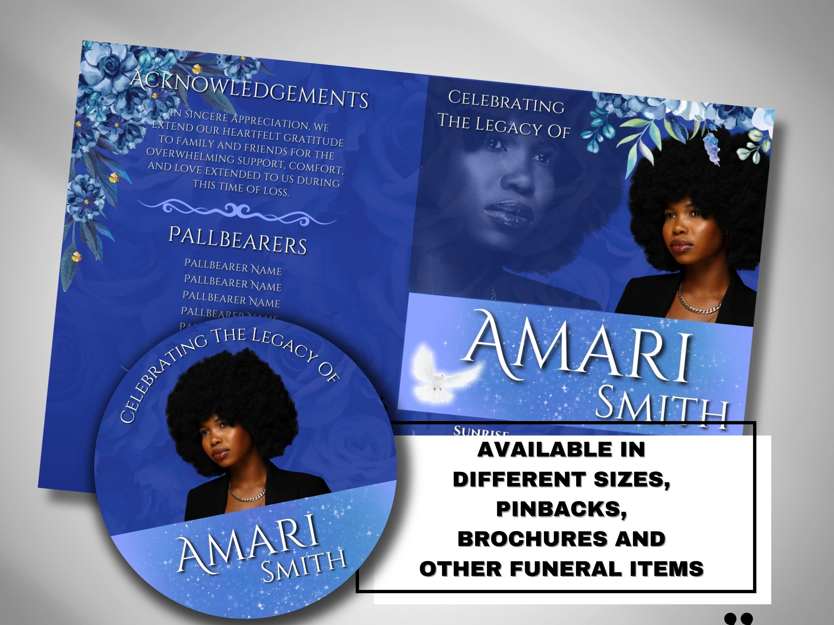 8.5"x11" BOOKLET OBITUARY PROGRAM, 4 Pages, Blue Funeral Template ...