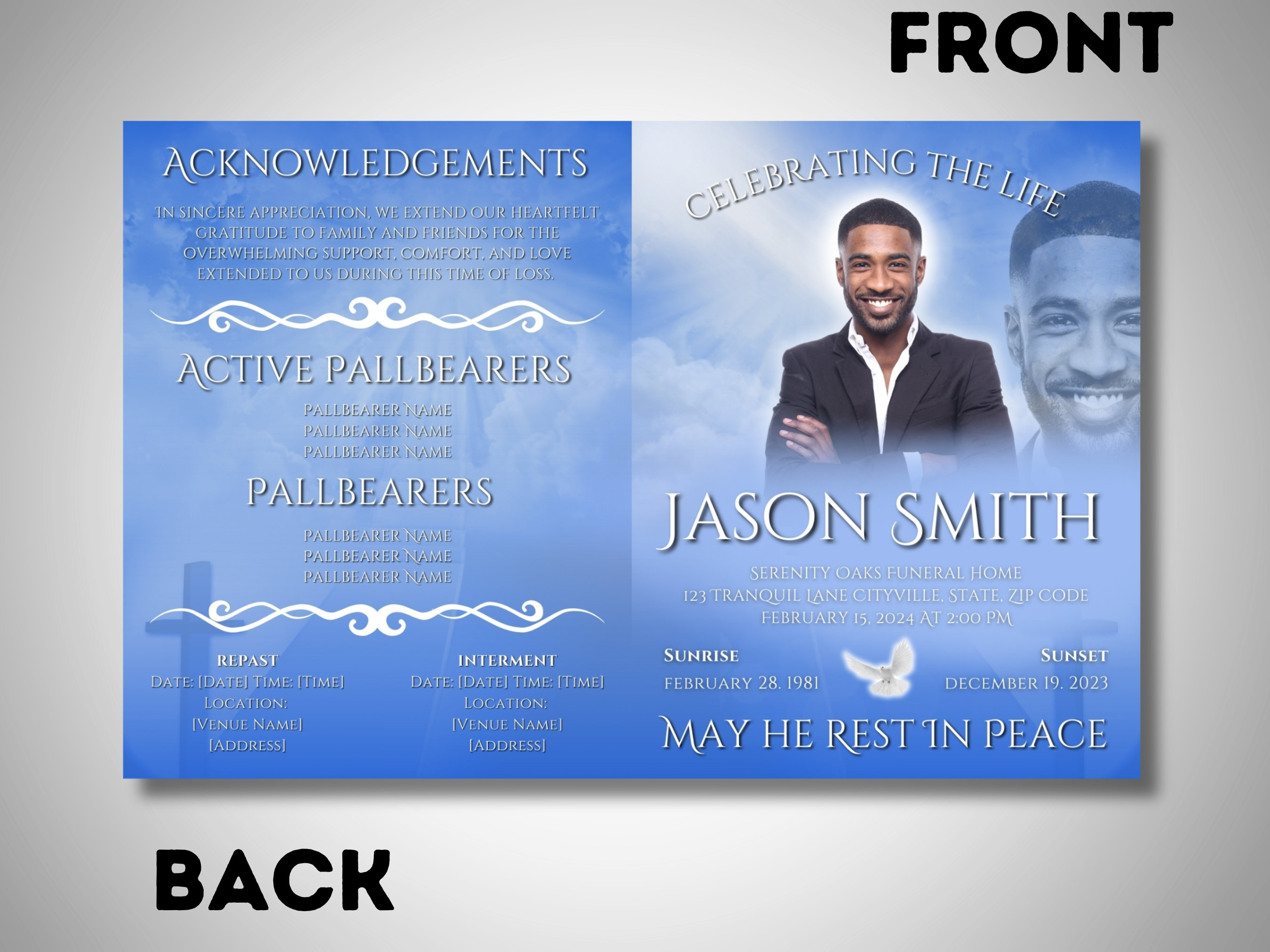 17"x11" BIFOLD OBITUARY PROGRAM, Heaven Gates, 4 Pages, Blue Clouds ...