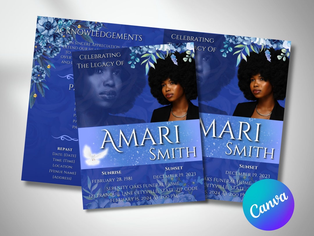 8.5"x11" BOOKLET OBITUARY PROGRAM, 4 Pages, Blue Funeral Template ...