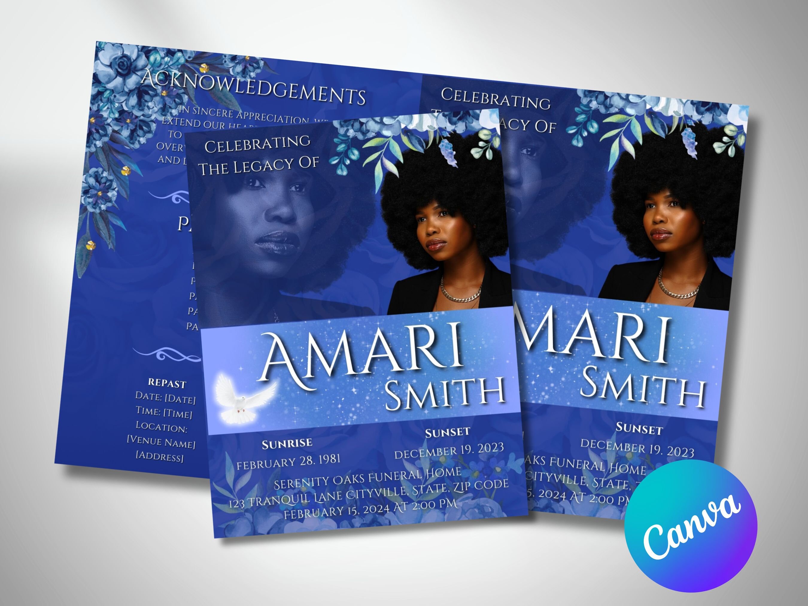 Blue Floral Funeral Program Template, Celebration of Life (canva ...