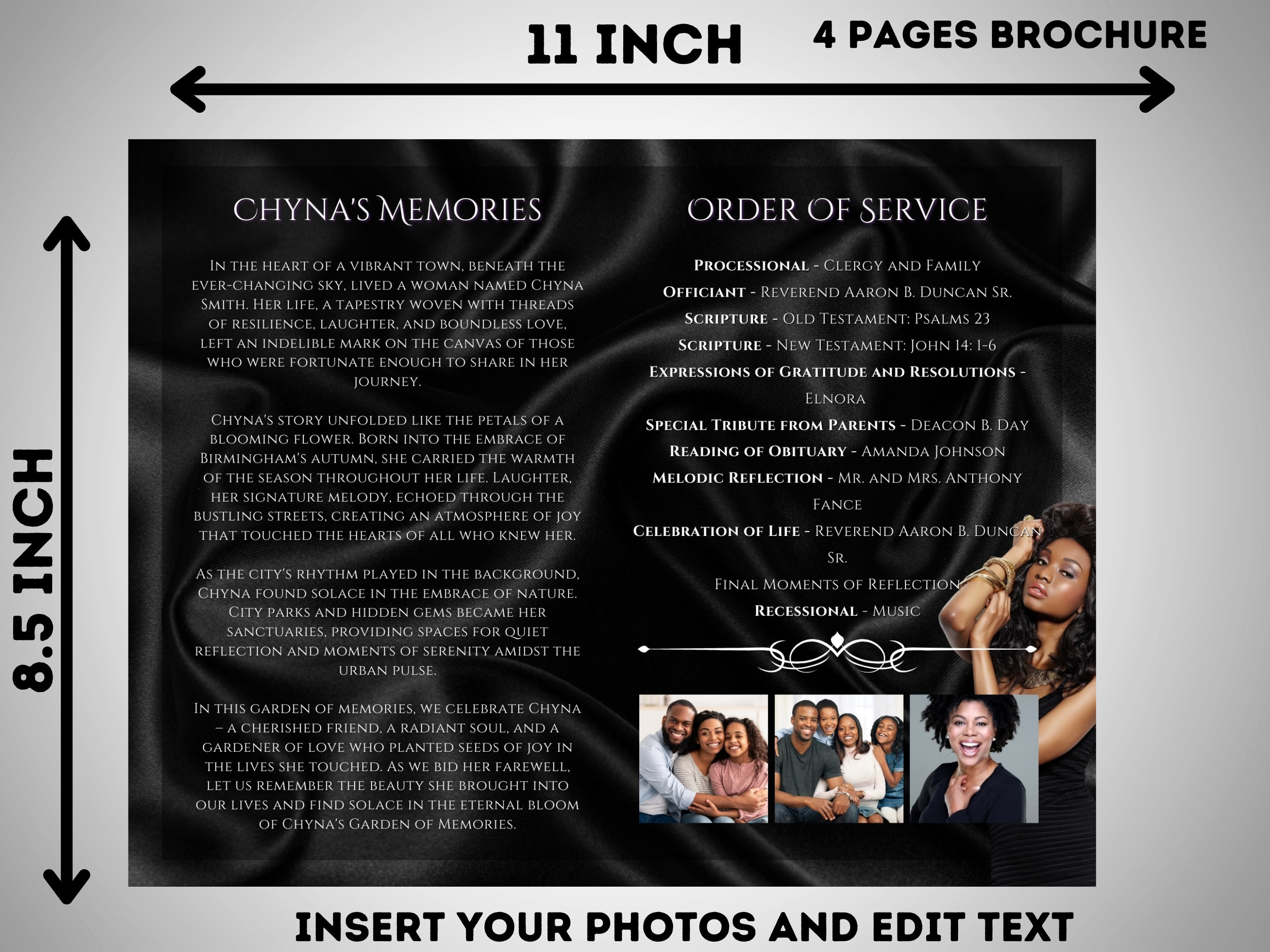 8.5X11 BOOKLET OBITUARY PROGRAM, 4 Pages, Black Funeral Template ...