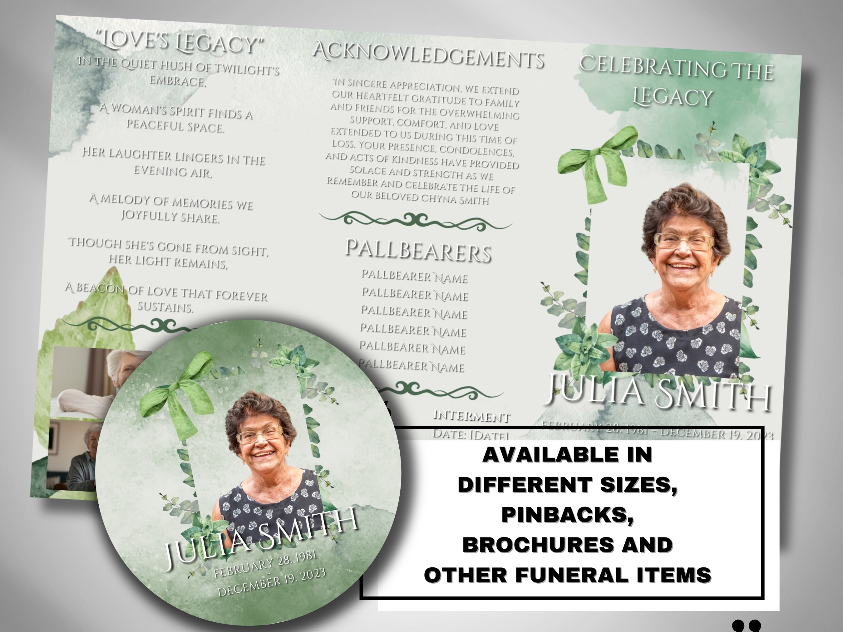TRIFOLD FUNERAL PROGRAM, Green Watercolor Funeral Program, Celebration ...