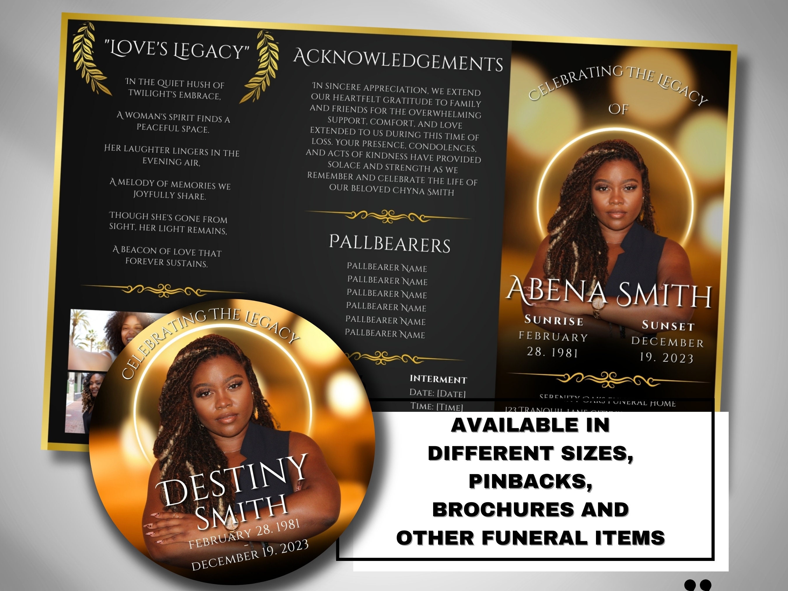 TRIFOLD OBITUARY PROGRAM, Golden Frame Funeral Template, Canva Editable ...