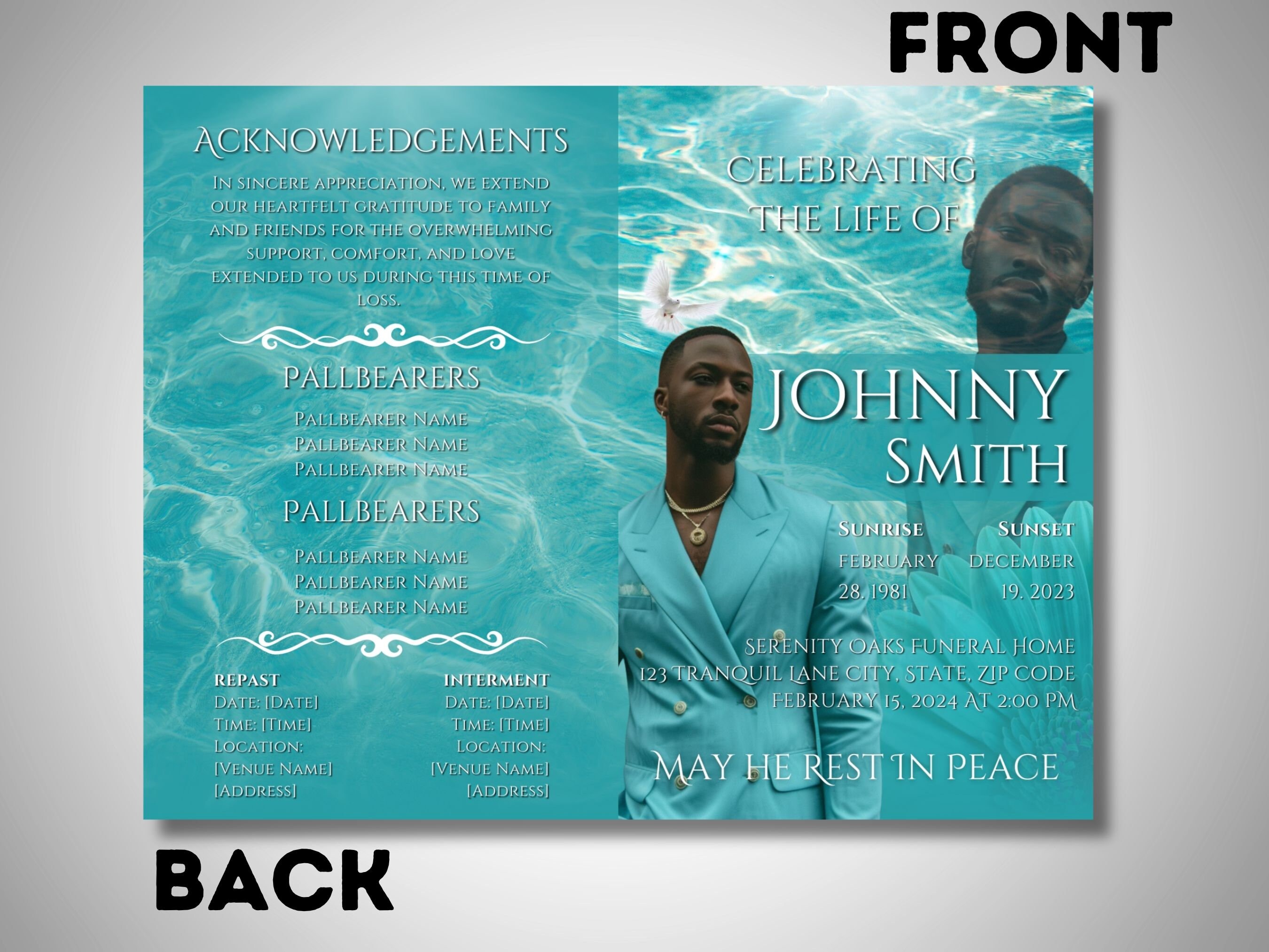 5.5" X 8.5" BIFOLD Obituary Program, 4 Pages, Turquoise Ocean Water ...