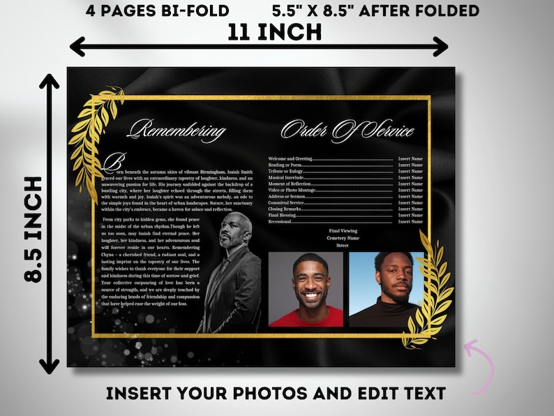 Elegant Black & Gold Funeral Program, Obituary Template (canva Template ...