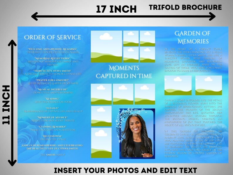 TRIFOLD FUNERAL TEMPLATE, 17x11 Obituary Program, Blue Gradient, Canva Editable Template ...