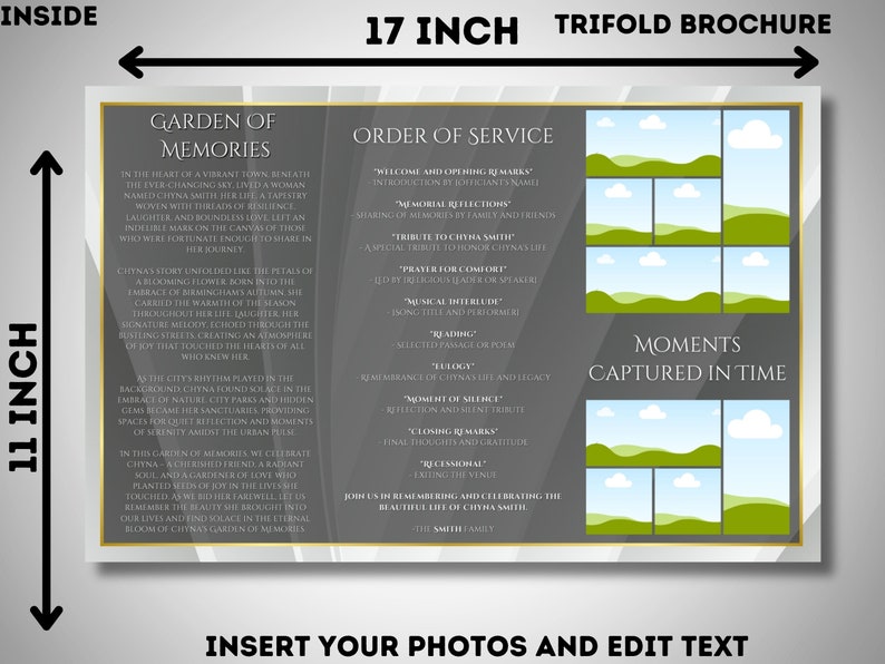 TRIFOLD FUNERAL TEMPLATE, 17x11 White Obituary Program, Elegant White ...