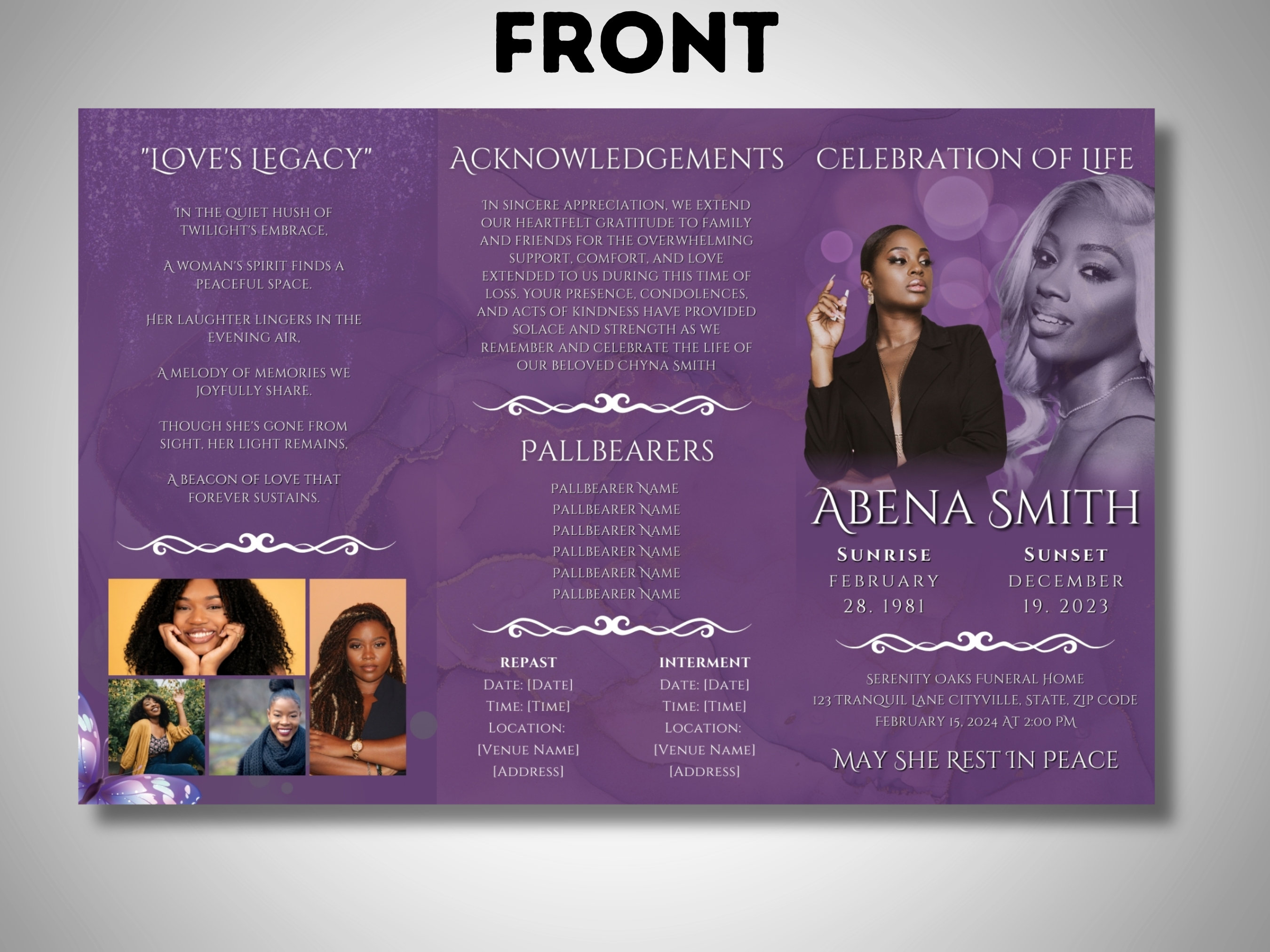 TRIFOLD FUNERAL TEMPLATE, 17x11 Obituary Program, Purple Marble, Canva ...