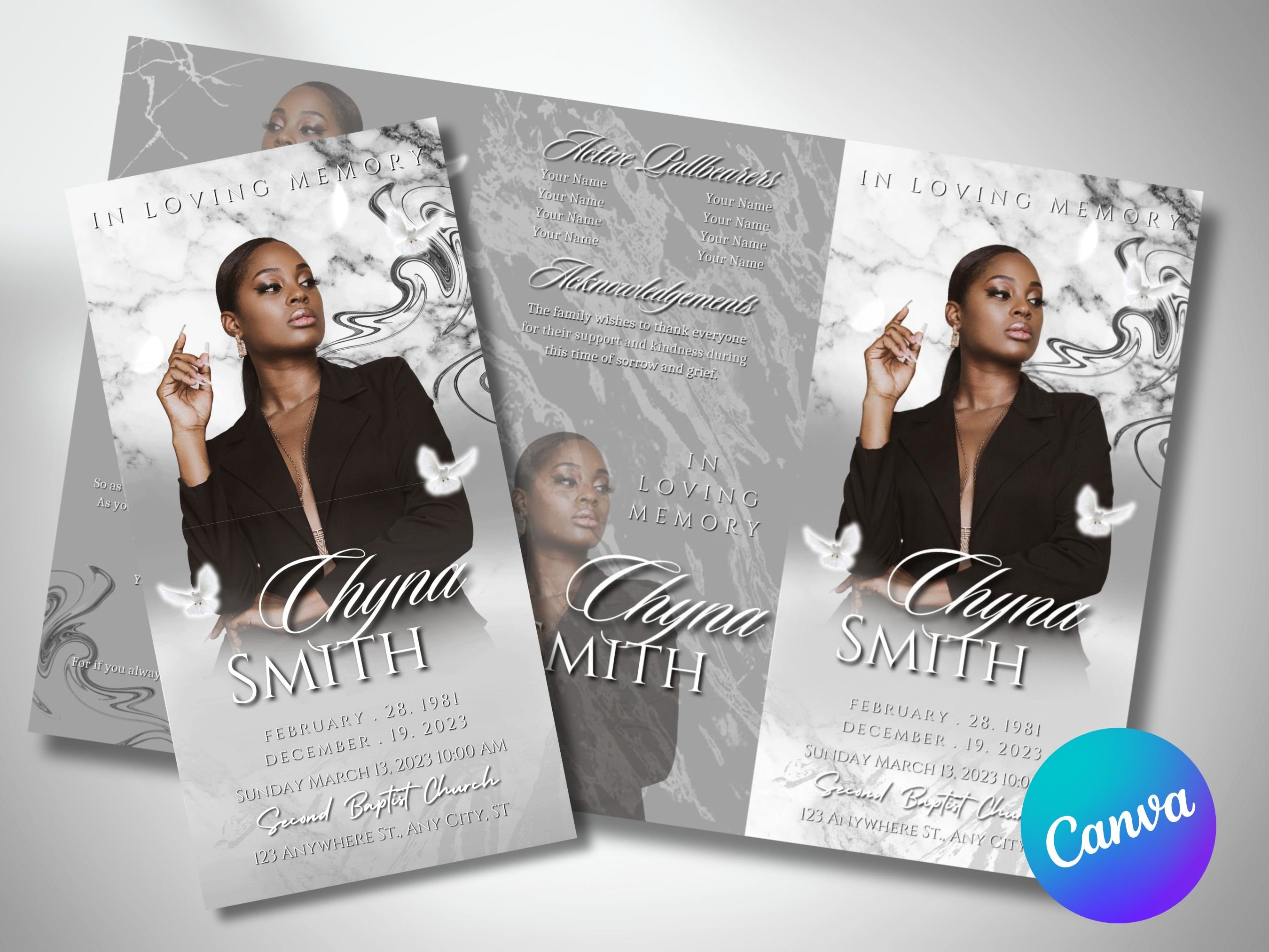 17"x11" FUNERAL PAMPHLET, 2 PAGES, Trifold, Obituary Program, White ...