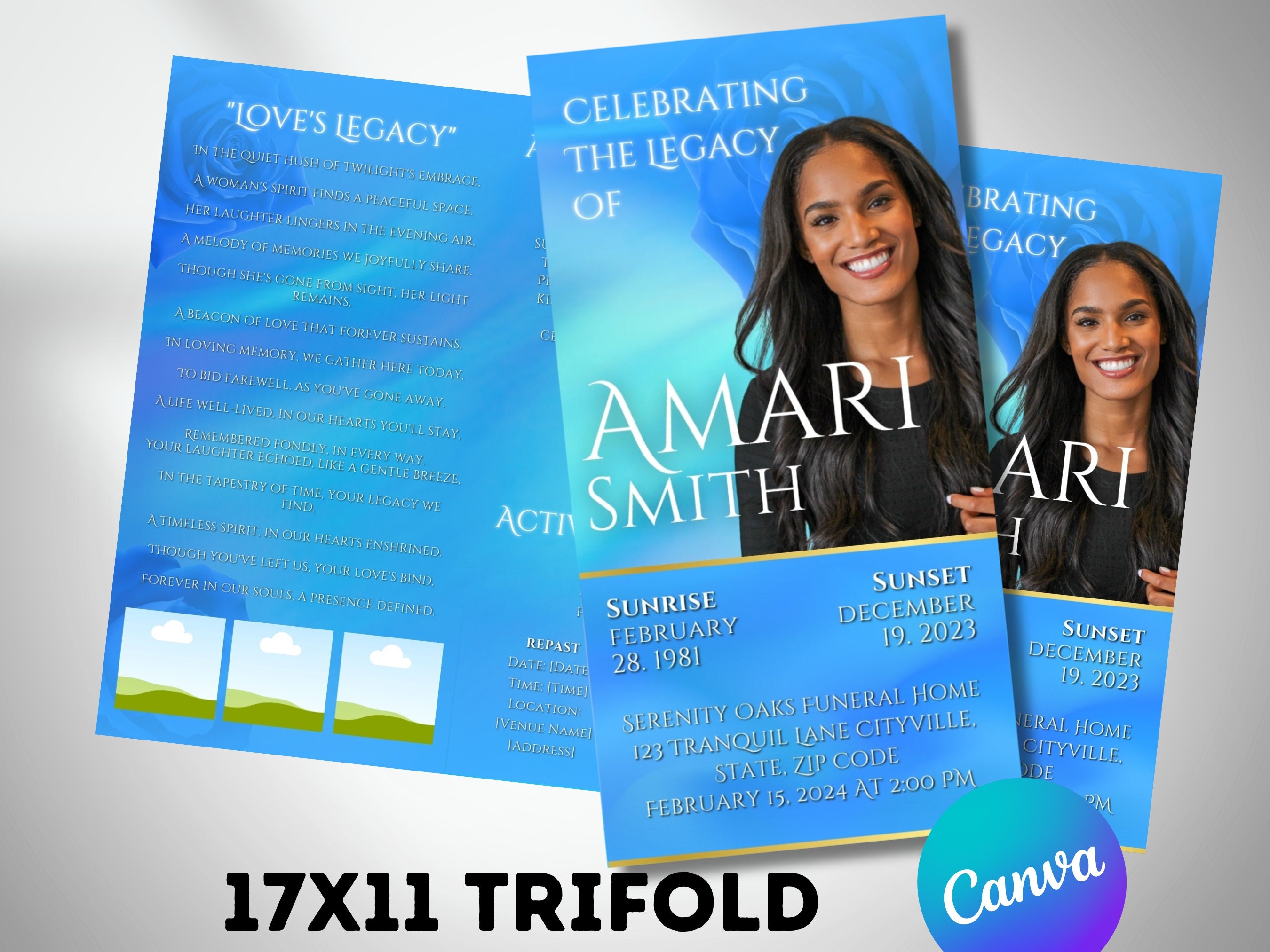TRIFOLD FUNERAL TEMPLATE, 17x11 Obituary Program, Blue Gradient, Canva ...