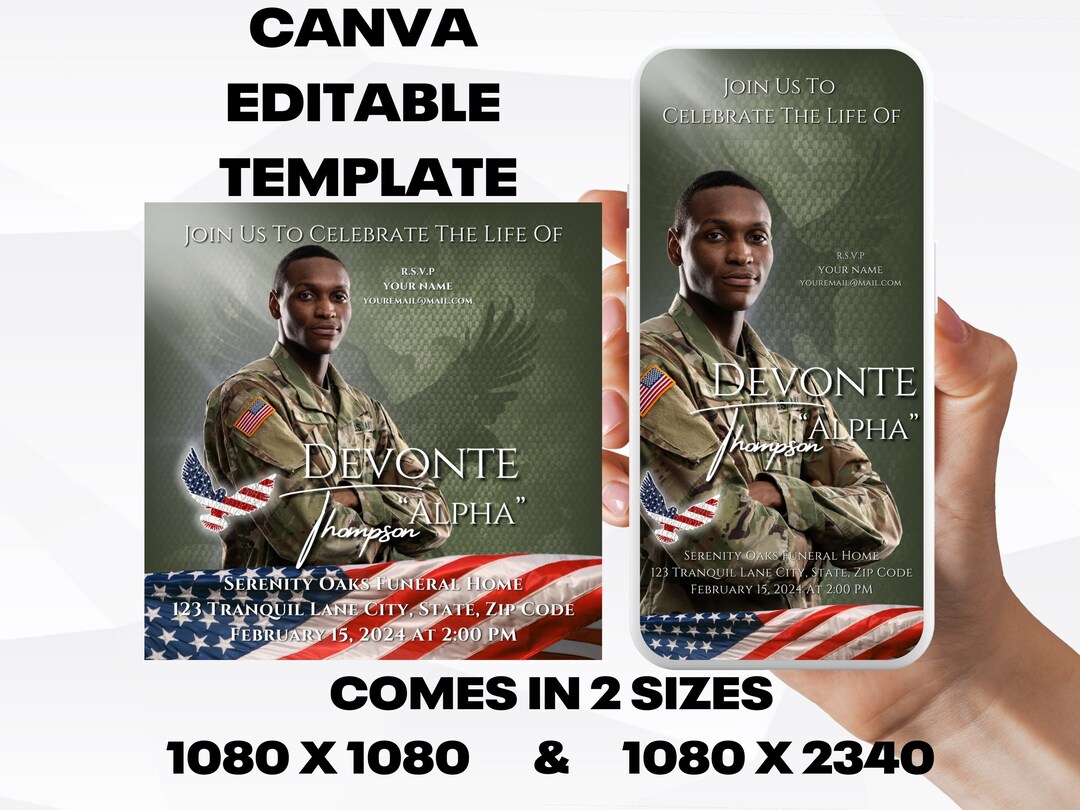 Customizable Funeral Announcement Template - Army, Editable Memorial ...