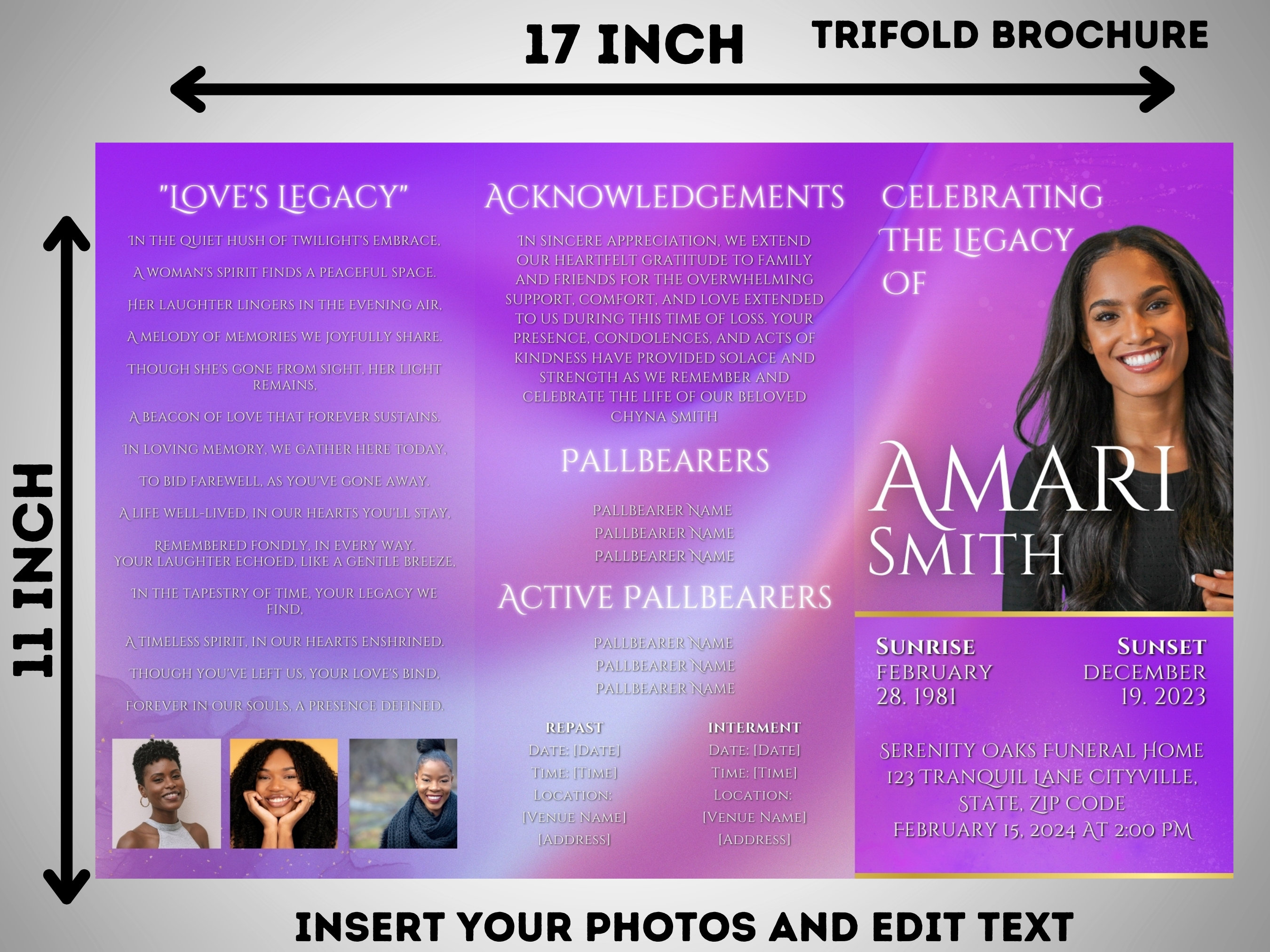 TRIFOLD FUNERAL TEMPLATE, 17x11 Obituary Program, Purple Gradient ...