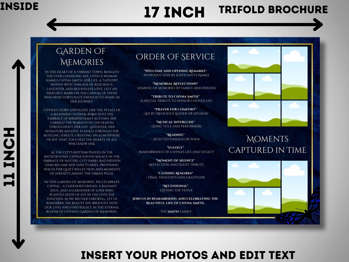 TRIFOLD FUNERAL TEMPLATE, 17x11 Obituary Program, Dark Blue Marble ...