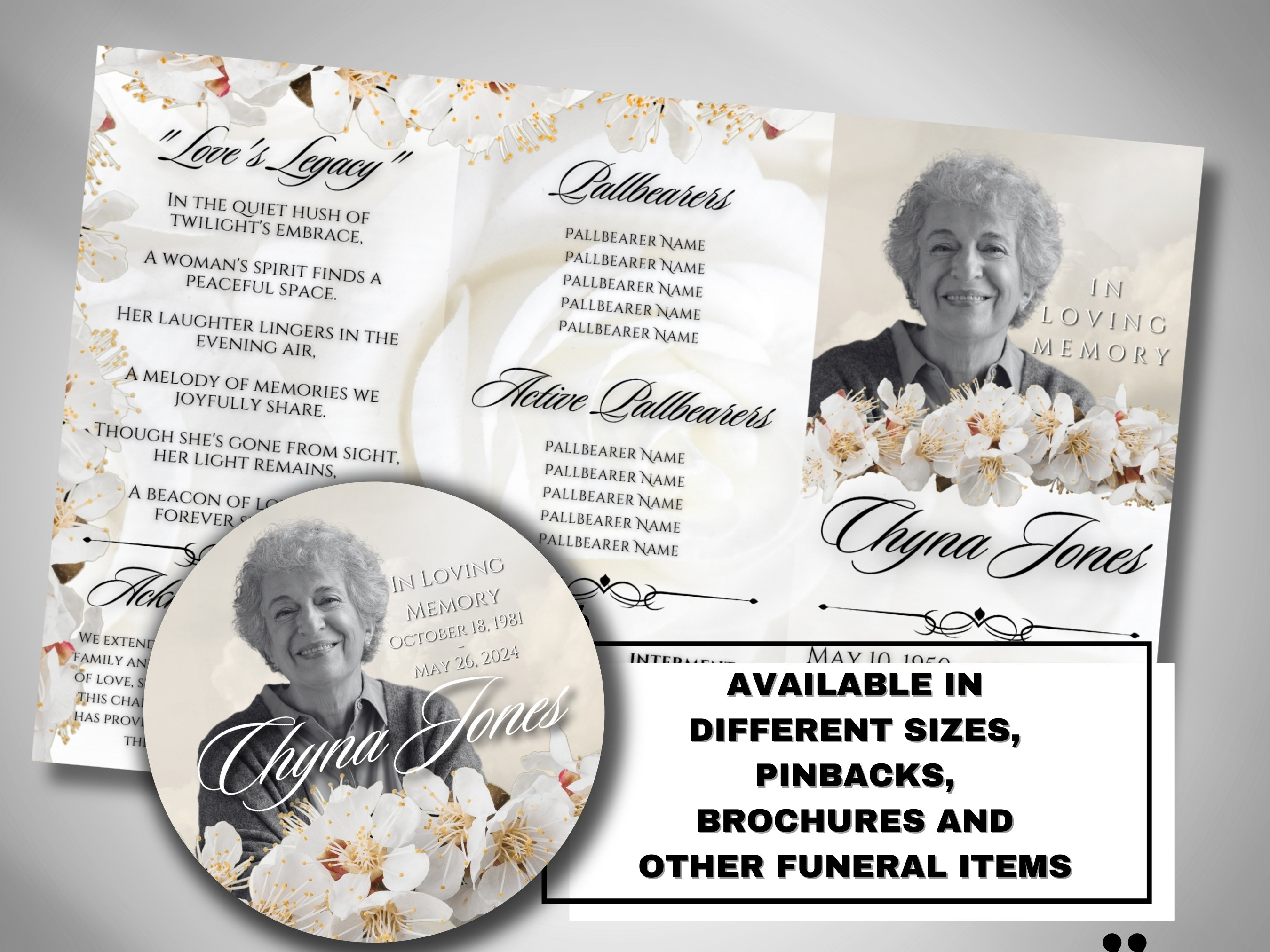 White Flowers Funeral Program Template, Bifold Memorial (canva Template ...