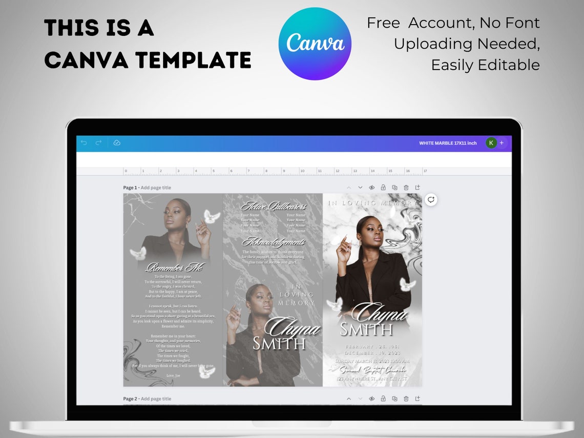 17x11 FUNERAL PAMPHLET, 2 PAGES, Trifold, Obituary Program, White ...