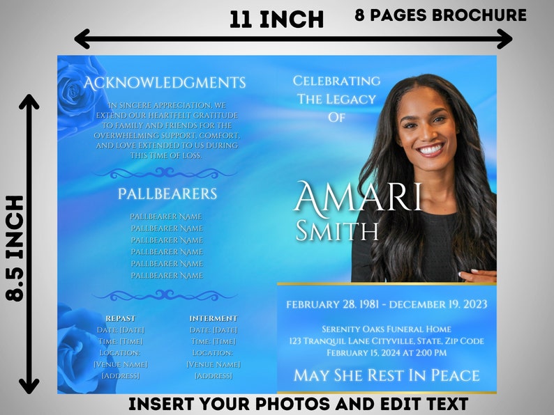 Blue Gradient Funeral Program Template, 8 Pages (canva Editable) - Etsy