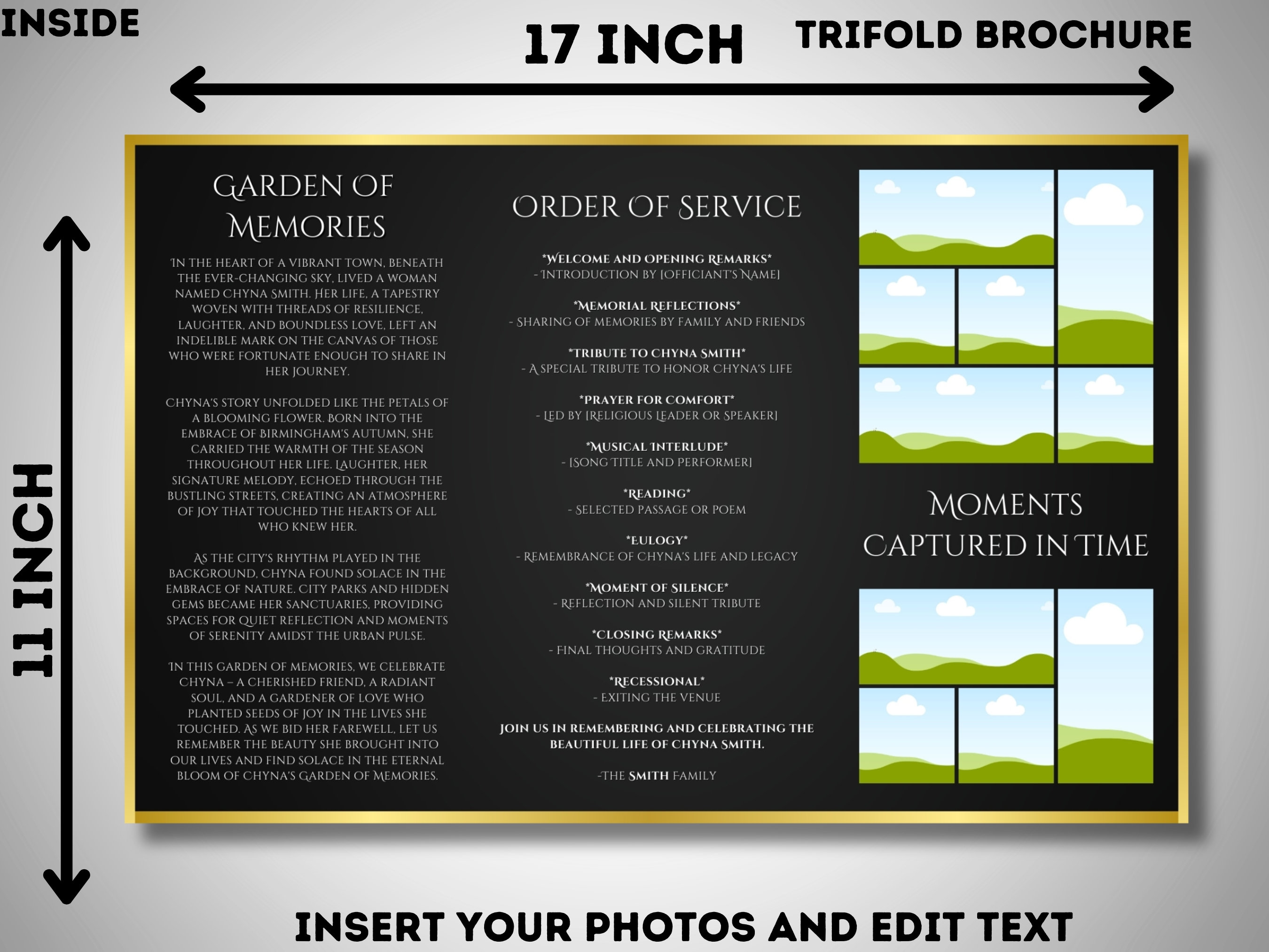 TRIFOLD OBITUARY PROGRAM, Golden Frame Funeral Template, Canva Editable ...