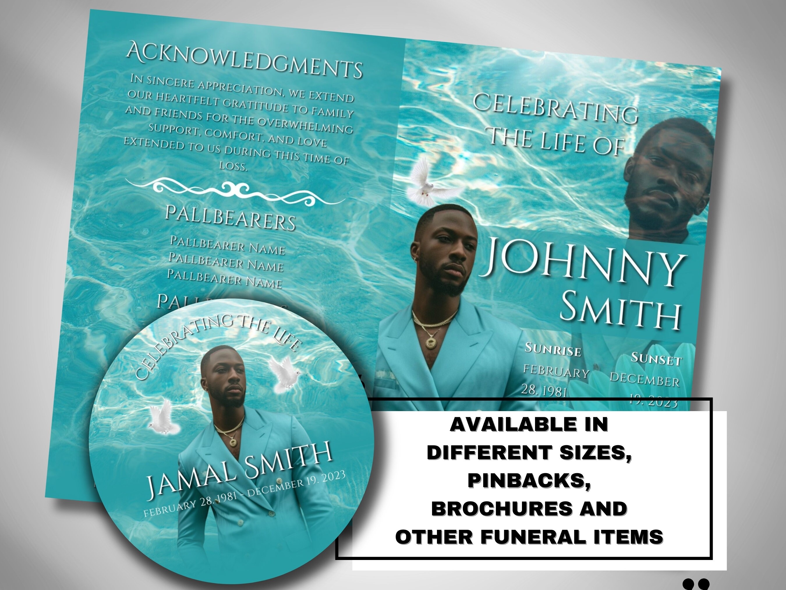 5.5" X 8.5" BIFOLD Obituary Program, 4 Pages, Turquoise Ocean Water ...
