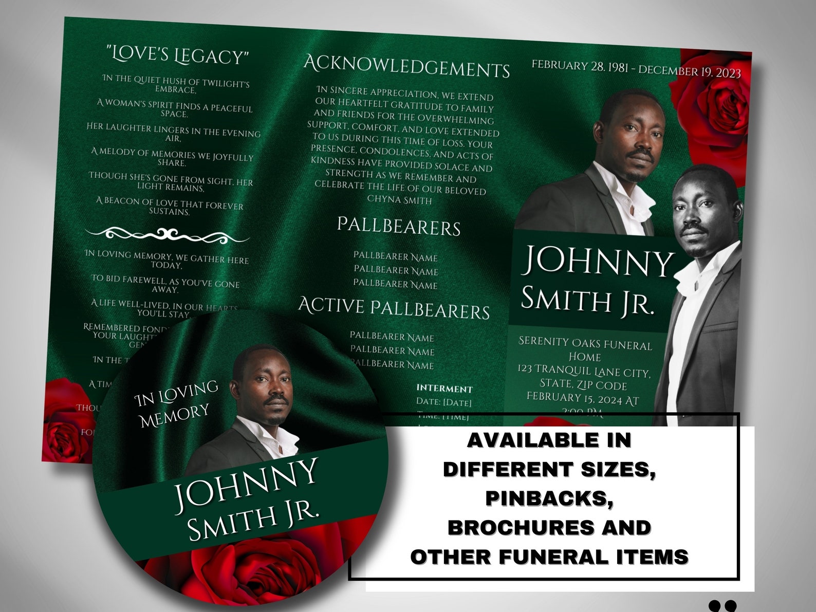 17"x11" FUNERAL PAMPHLET, Dark Green, Trifold, Obituary Program, Green ...