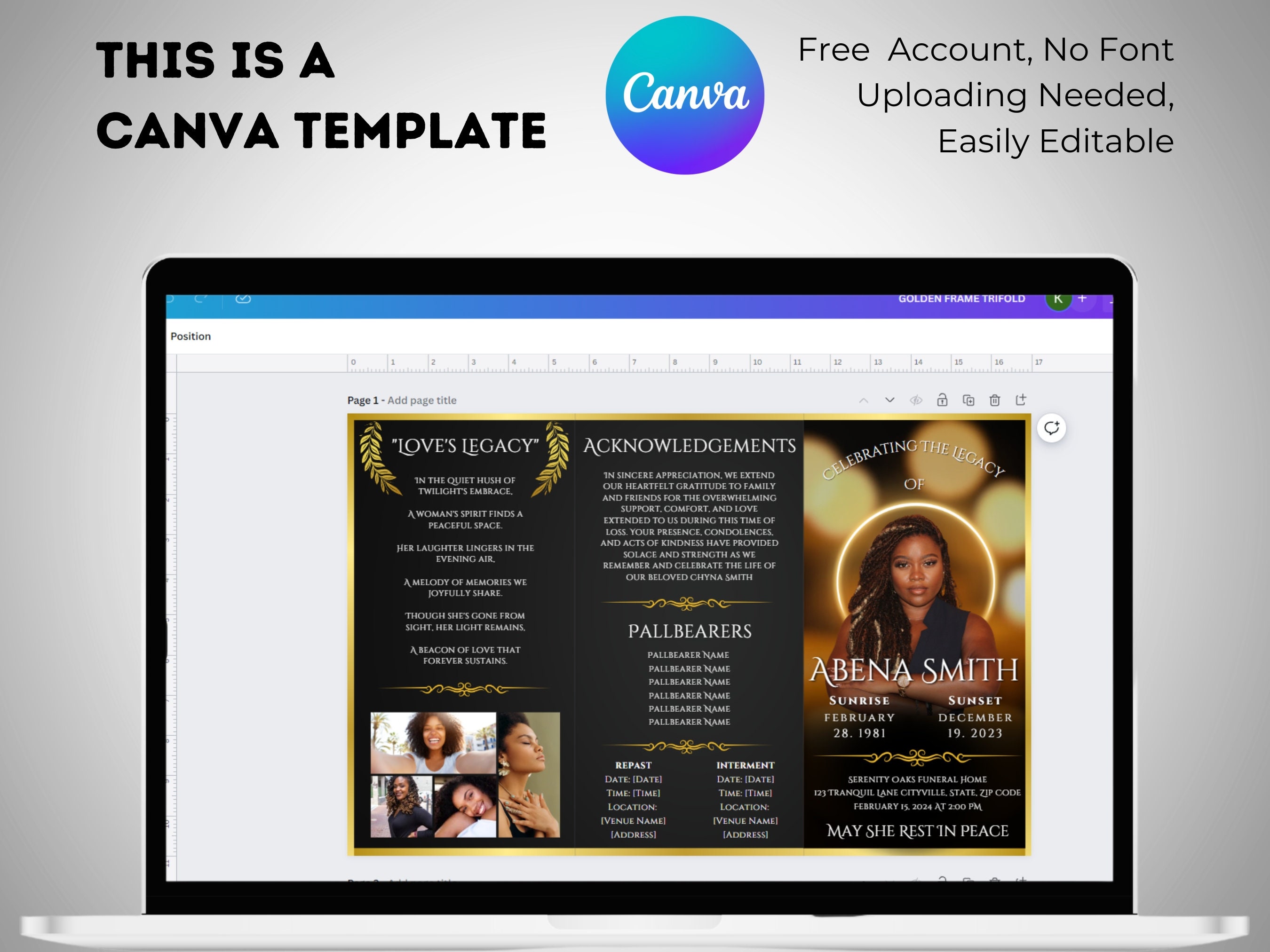 TRIFOLD OBITUARY PROGRAM, Golden Frame Funeral Template, Canva Editable ...