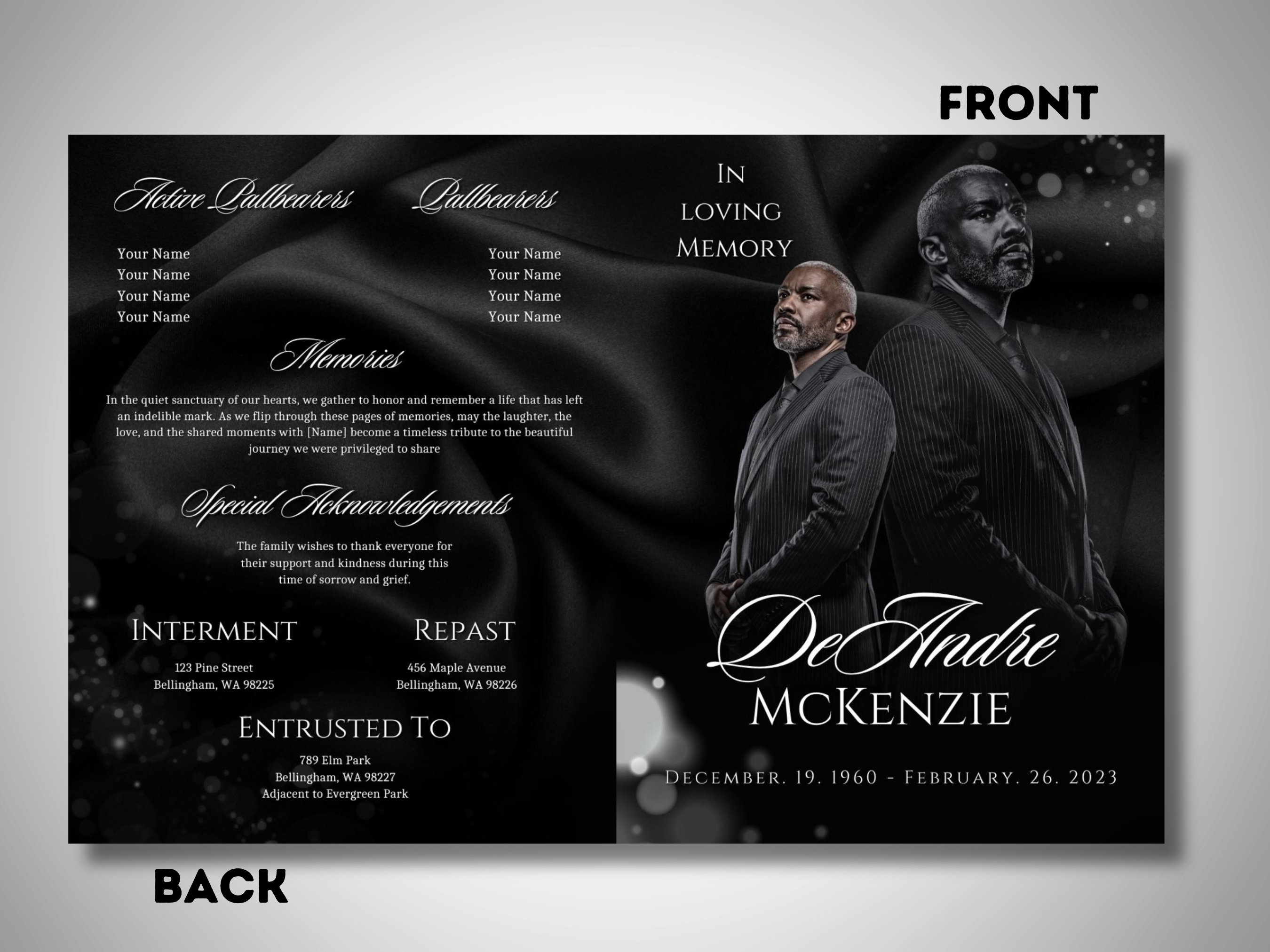 8.5x11 BIFOLD FUNERAL PROGRAM, Black & Gold Elegant Obituary, Memorial ...