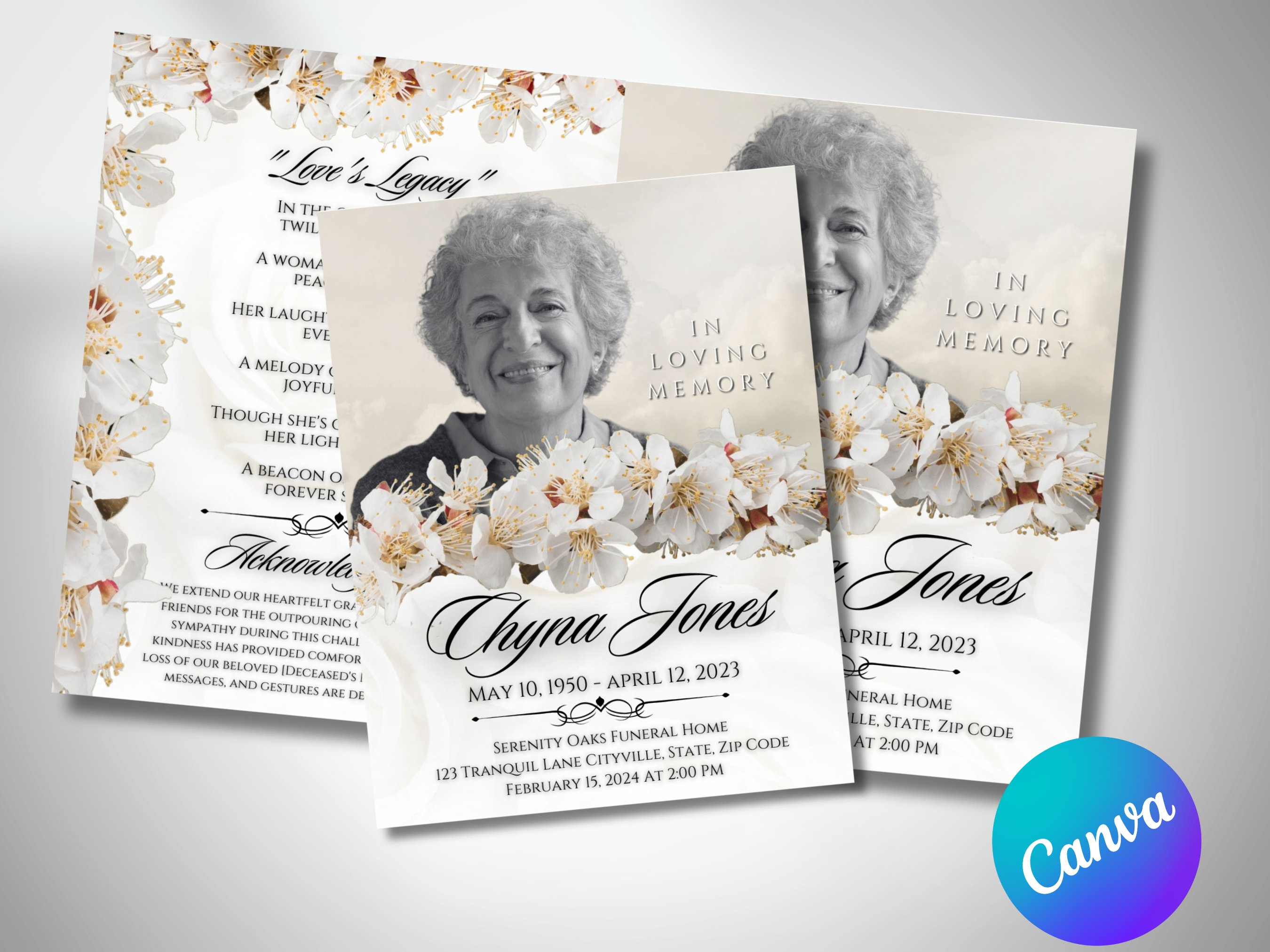 White Flowers Funeral Program Template, Bifold Memorial (canva Template ...
