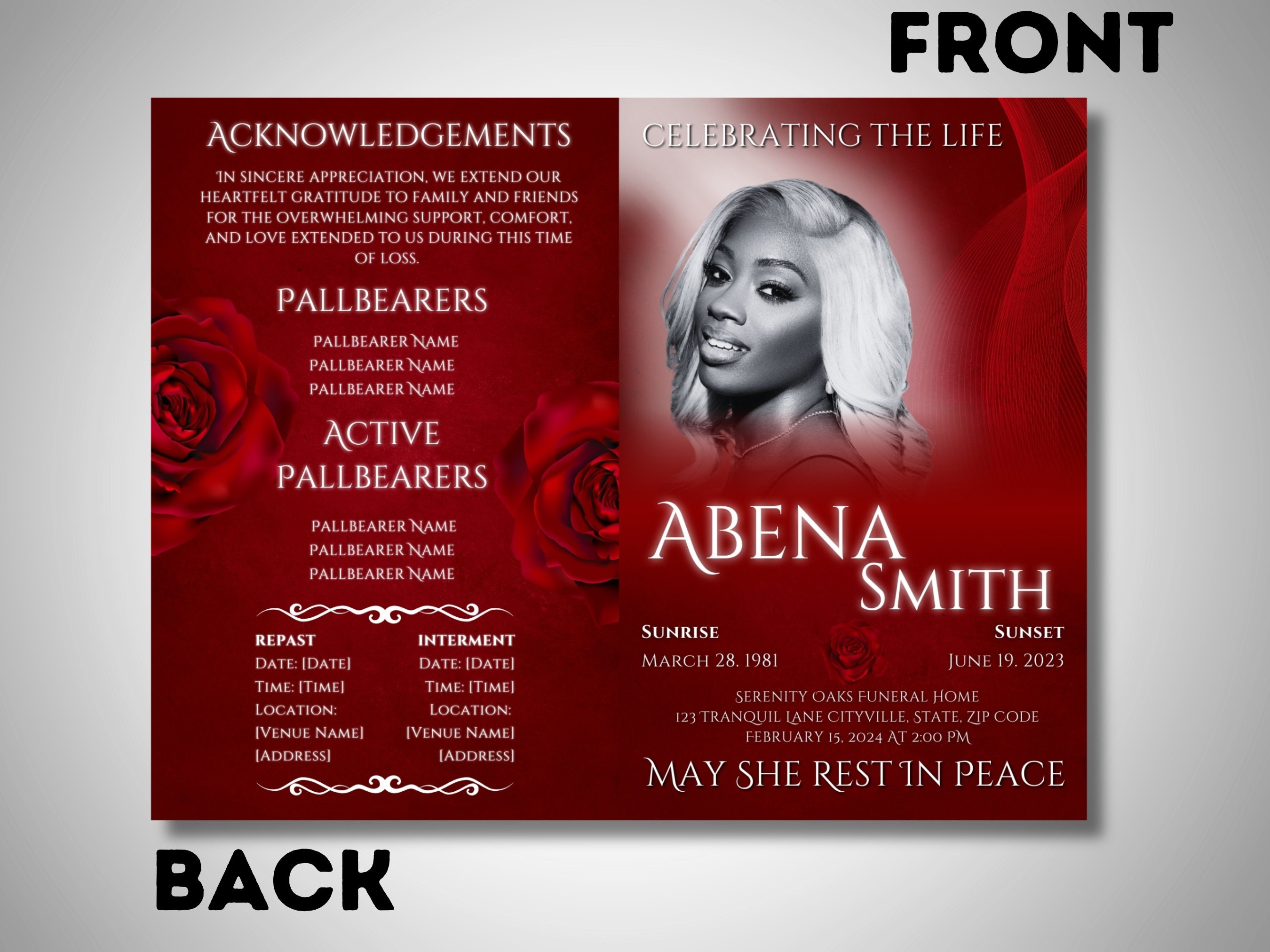 5.5x8.5" RED VELVET OBITUARY Program, 8 Pages, Crimson Funeral Template ...