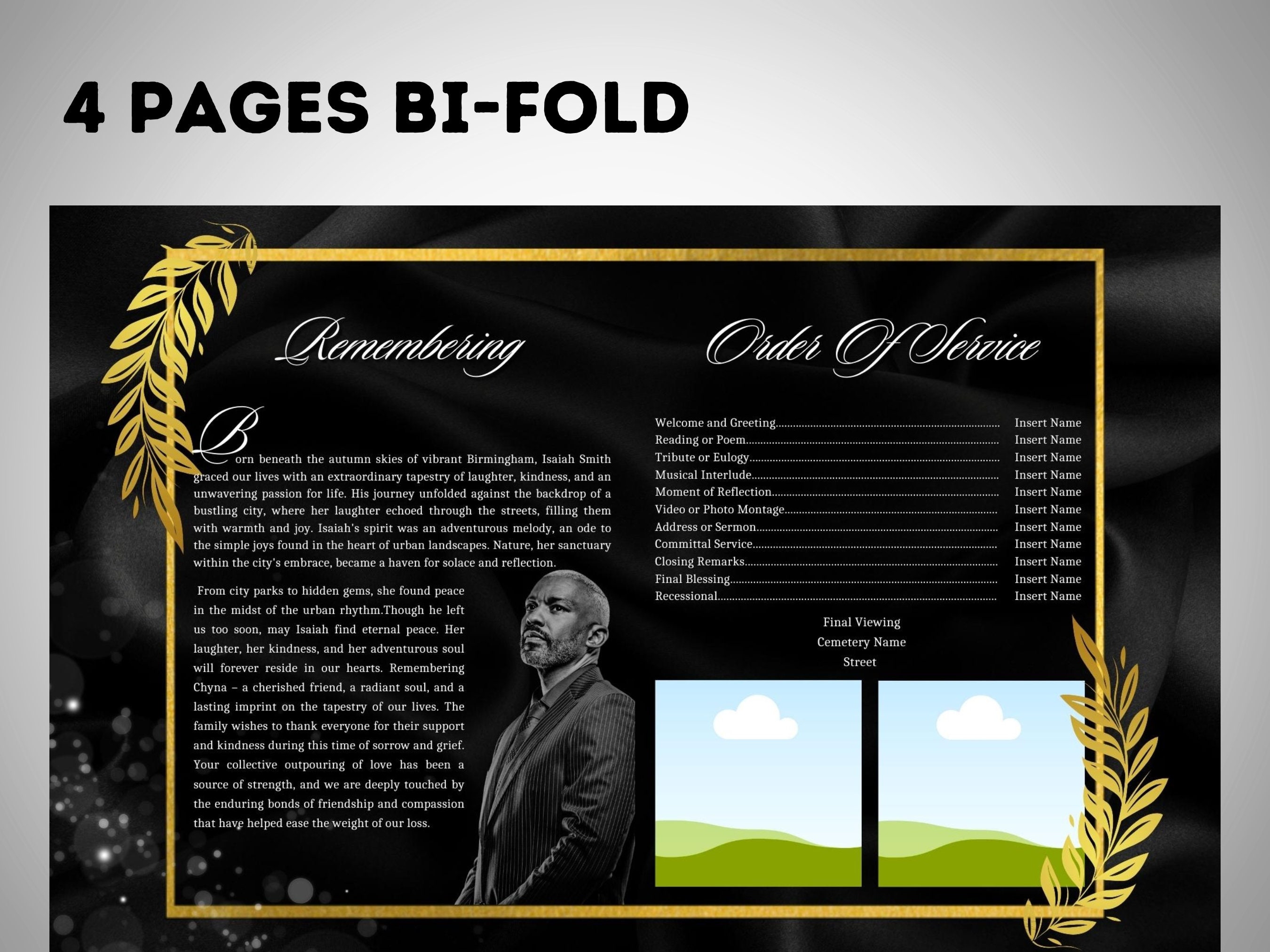 8.5"x11" BIFOLD FUNERAL PROGRAM, Black & Gold Elegant Obituary ...