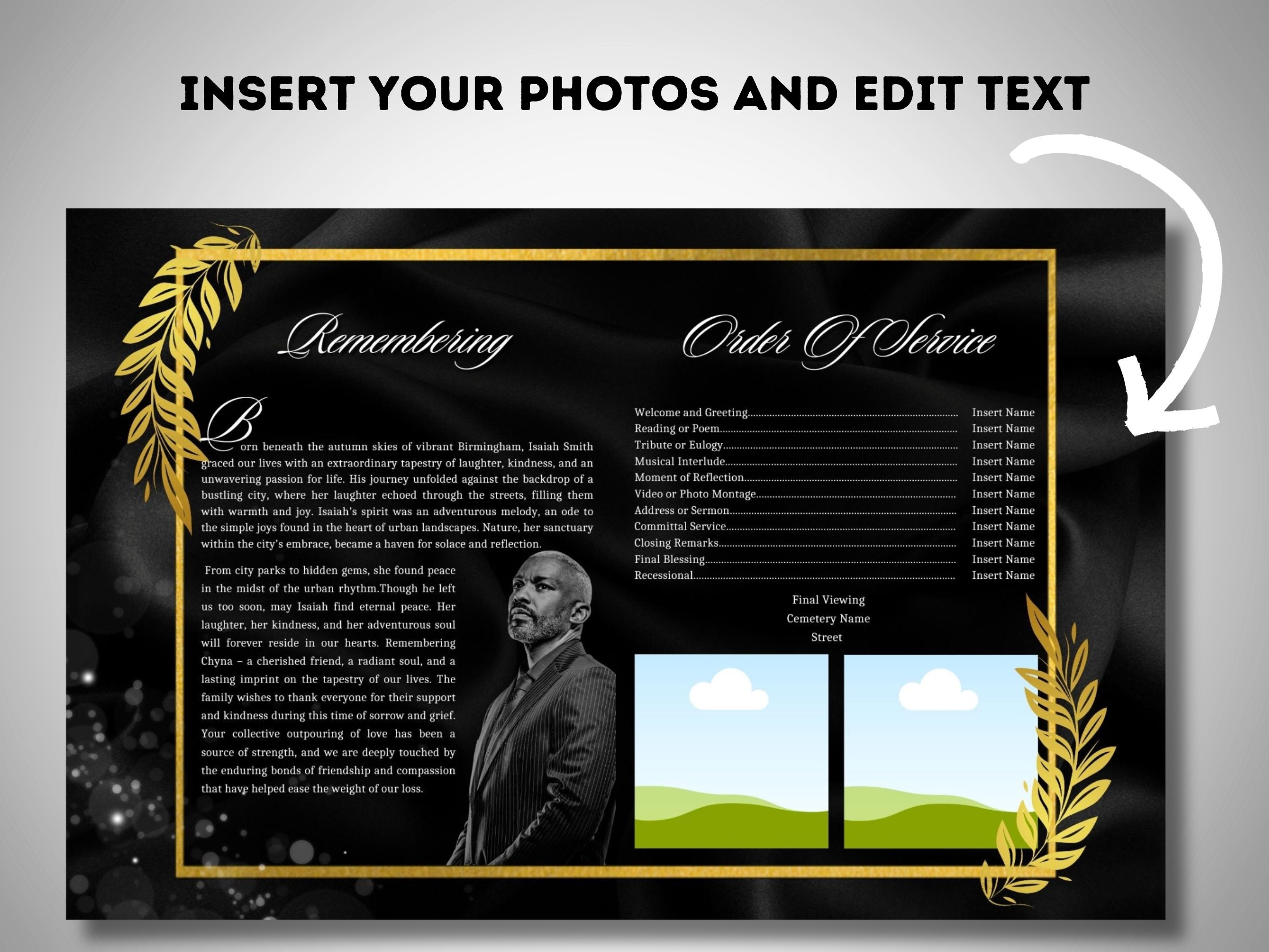 8.5x11 BIFOLD FUNERAL PROGRAM, Black & Gold Elegant Obituary, Memorial ...