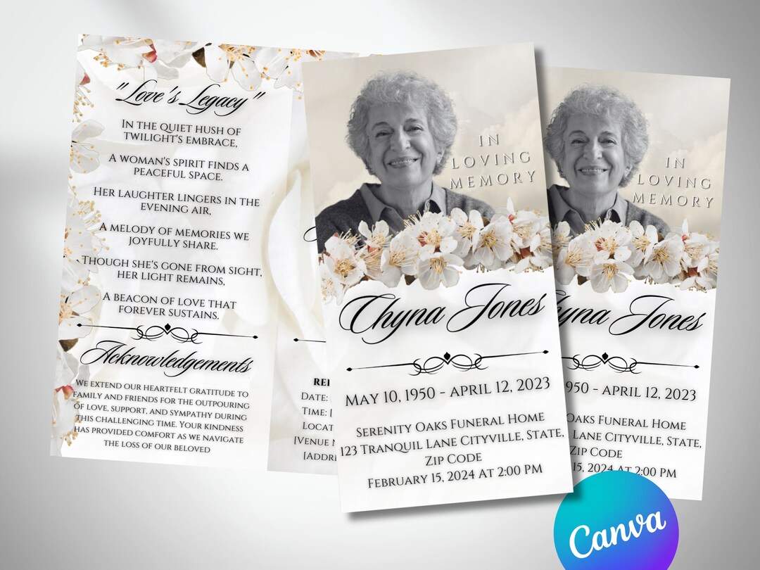 White Flowers Funeral Program Template, 2-page Trifold (canva Editable ...
