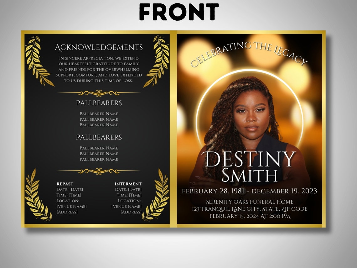 8.5x11 OBITUARY PROGRAM, Golden Frame Funeral Template, Canva Editable ...