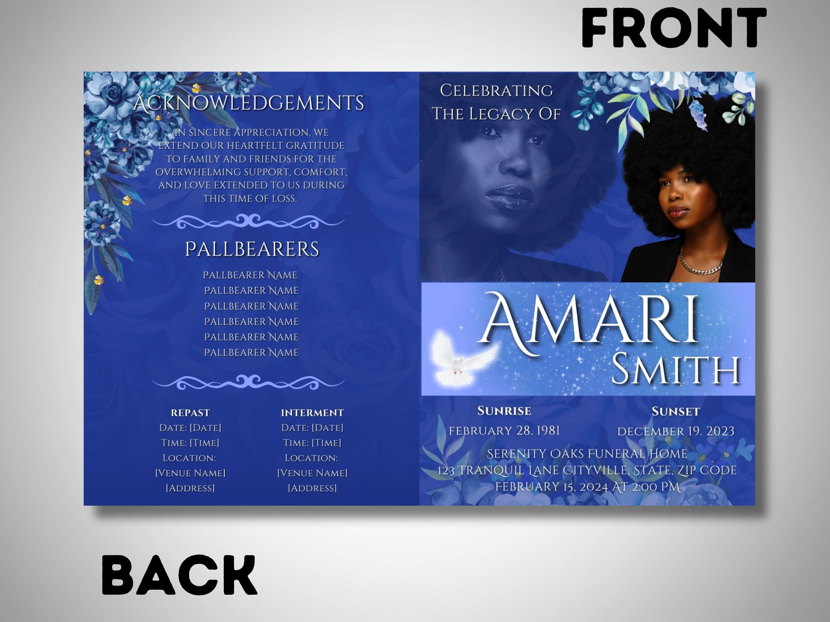 8.5"x11" BOOKLET OBITUARY PROGRAM, 4 Pages, Blue Funeral Template ...
