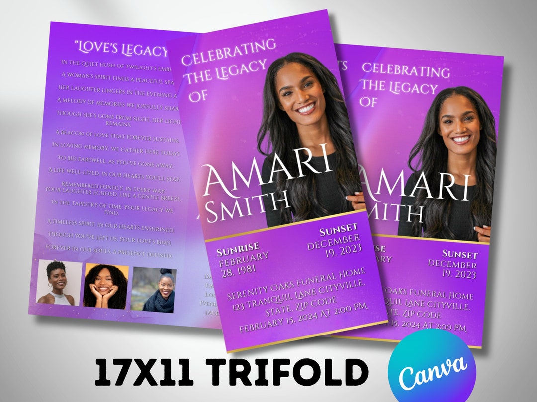 TRIFOLD FUNERAL TEMPLATE, 17x11 Obituary Program, Purple Gradient ...