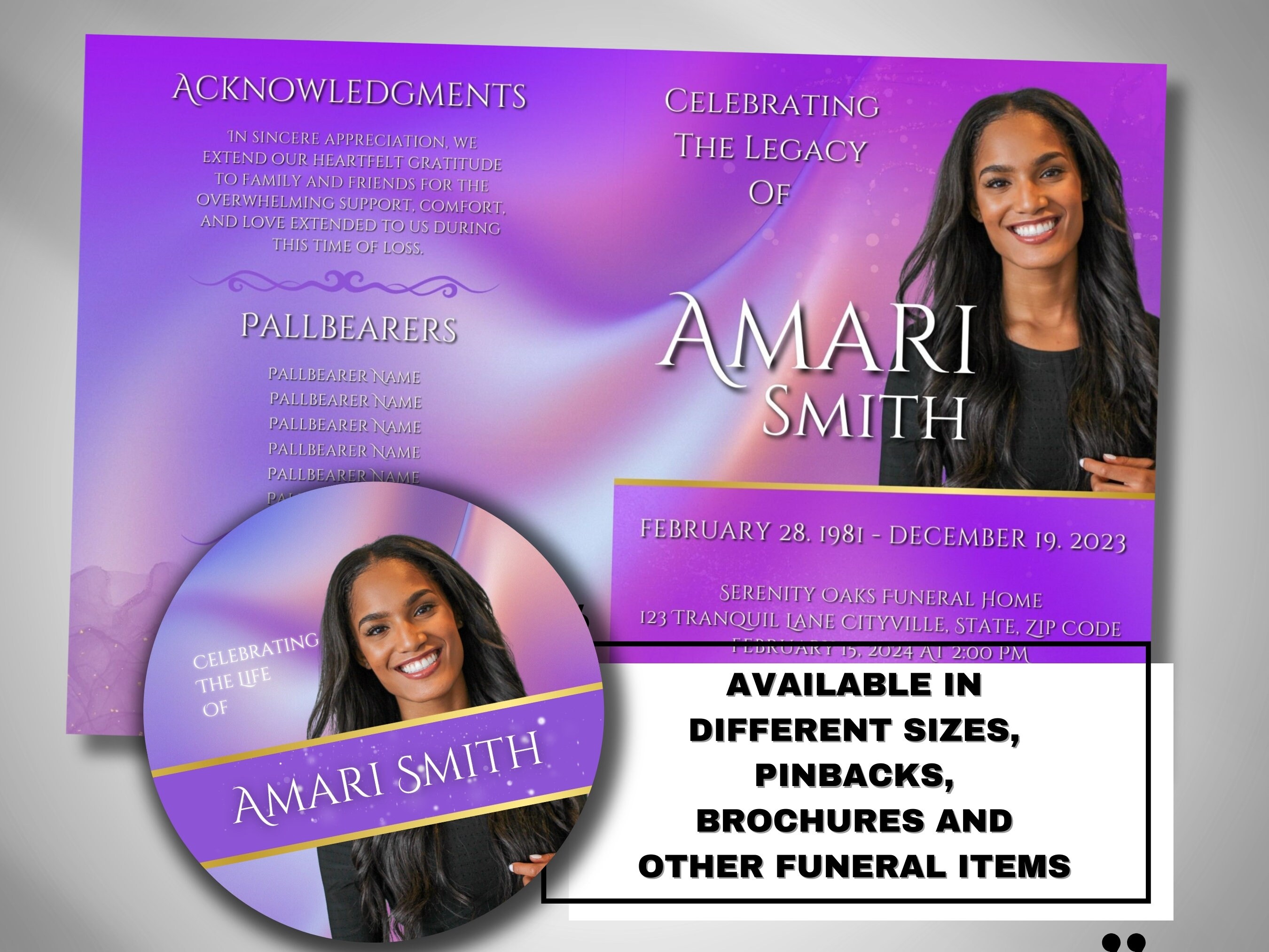 TRIFOLD FUNERAL TEMPLATE, 17x11 Obituary Program, Purple Gradient ...